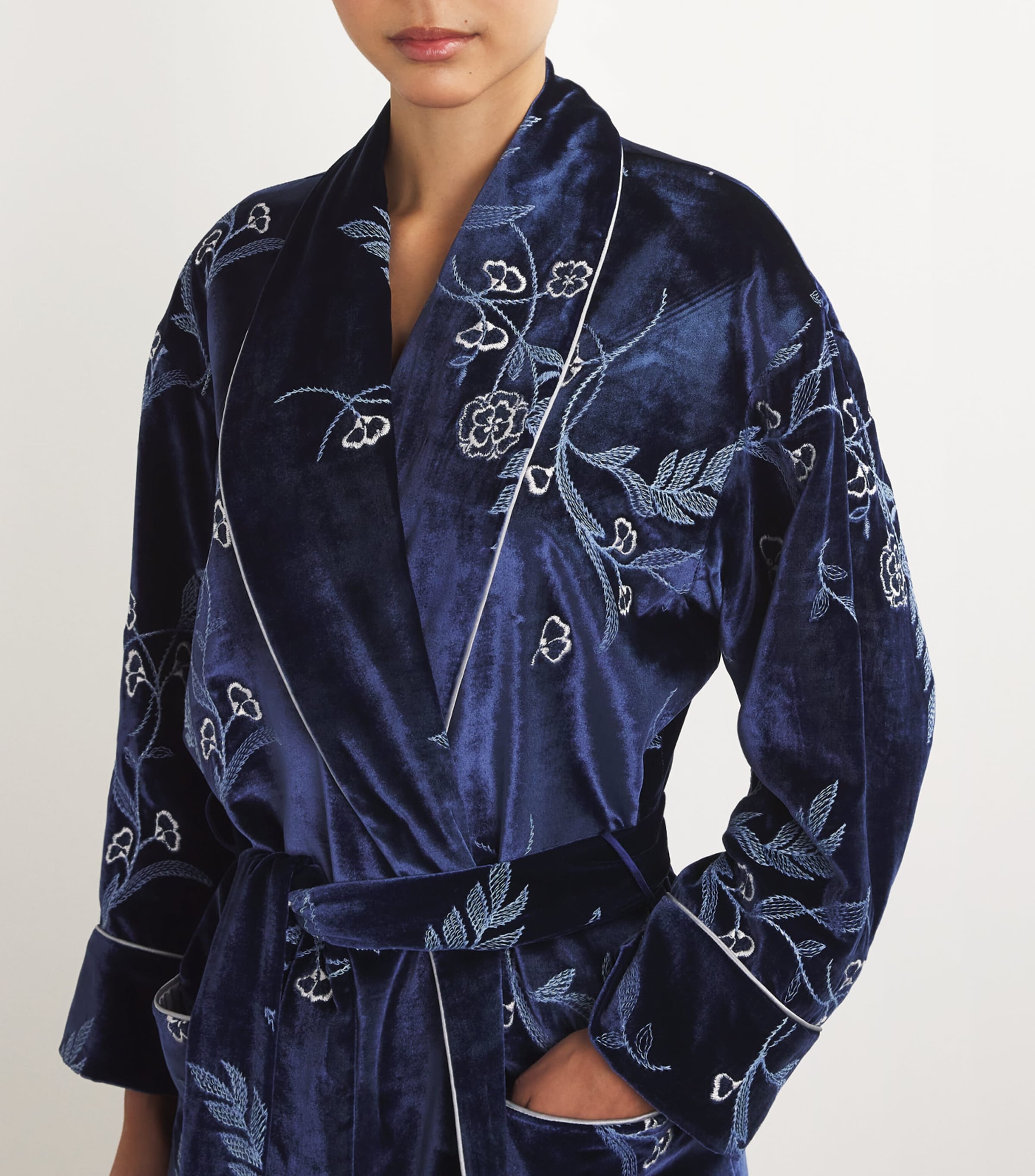 Daniel Hanson Navy Velvet Embroidered Dahlia Robe | Harrods US