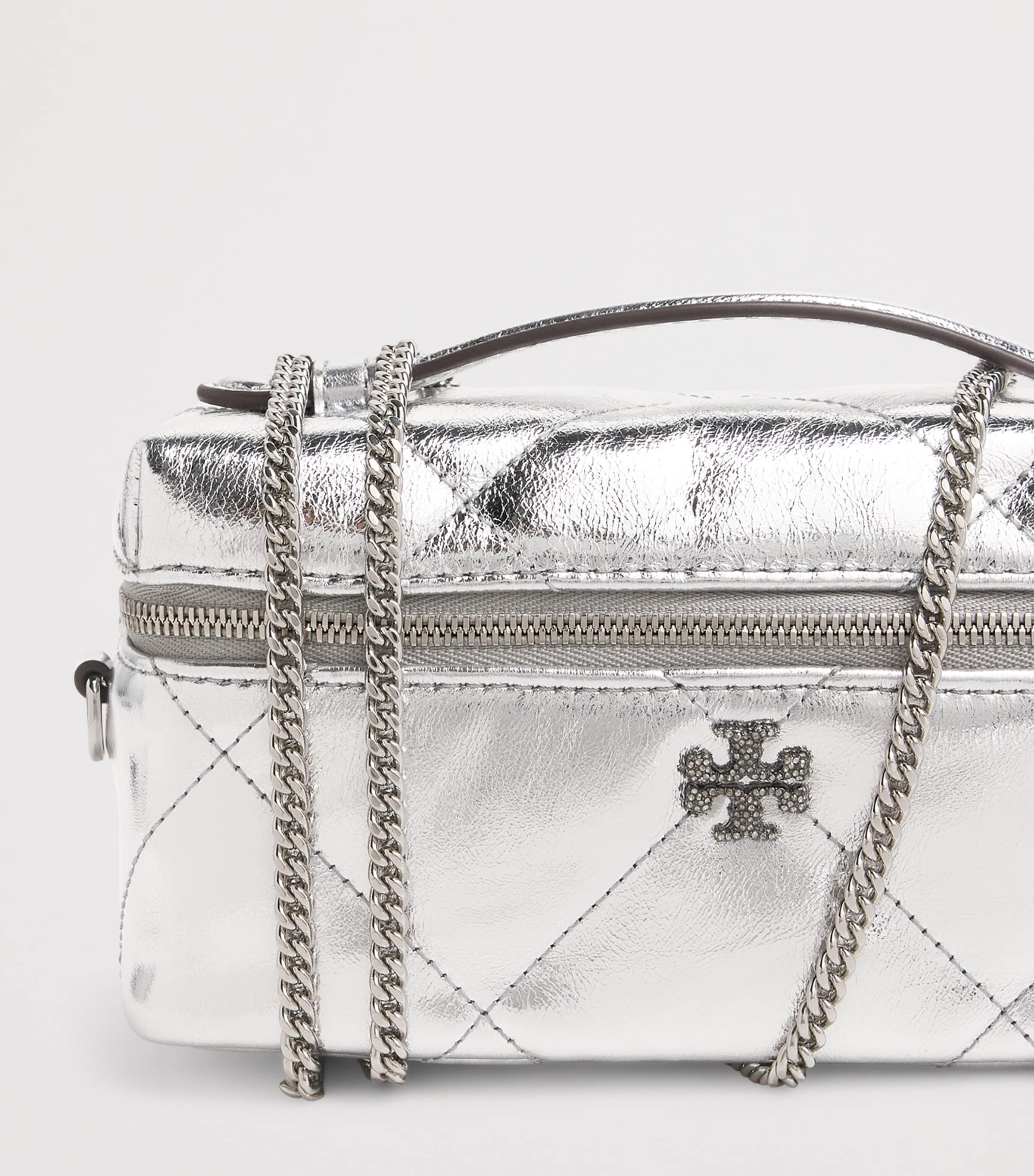 Tory Burch Silver Leather Quilted Kira Vanity Case Bag | Harrods IT