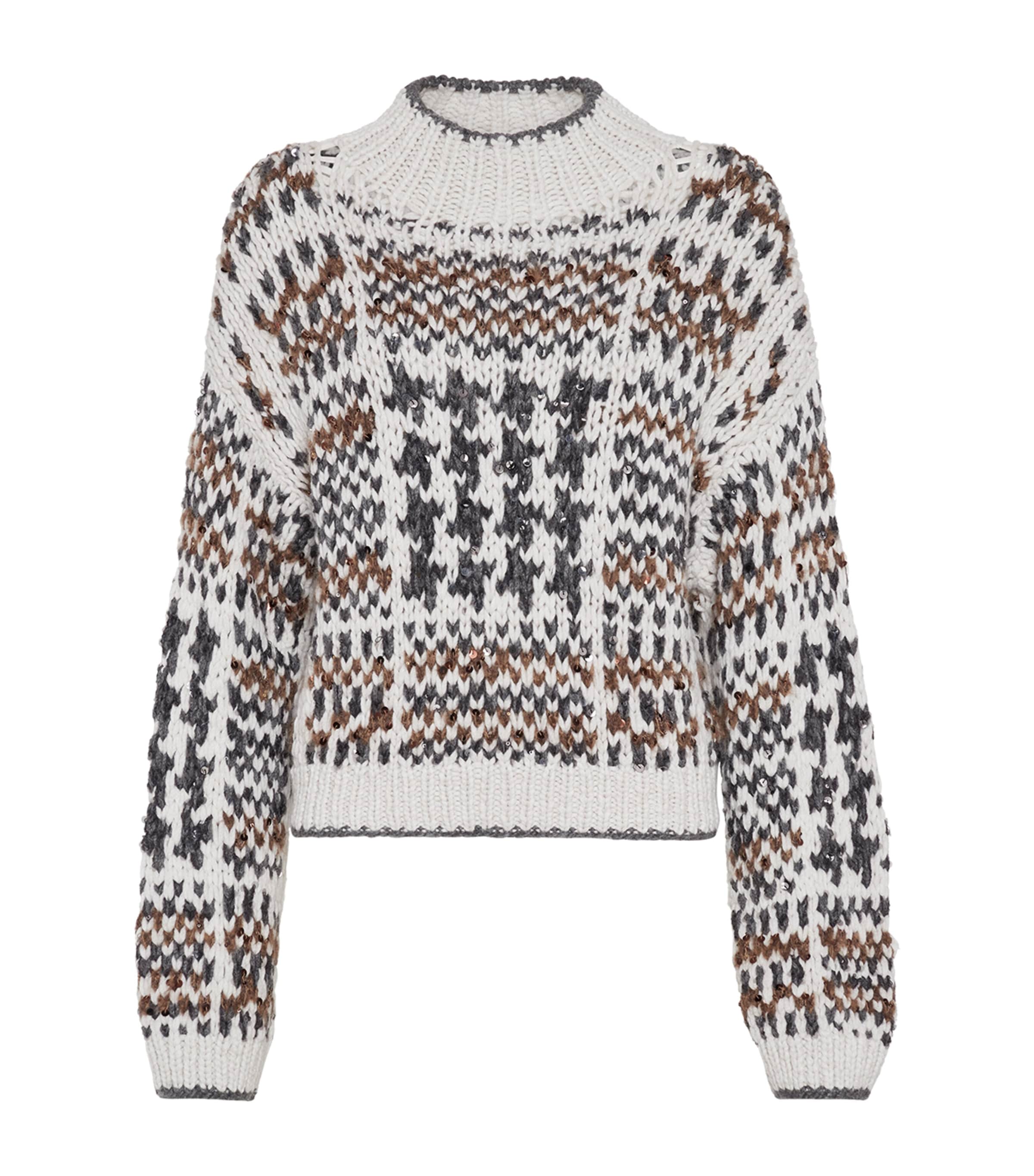 Brunello Cucinelli White Cashmere Prince of Wales OPERA Sweater ...
