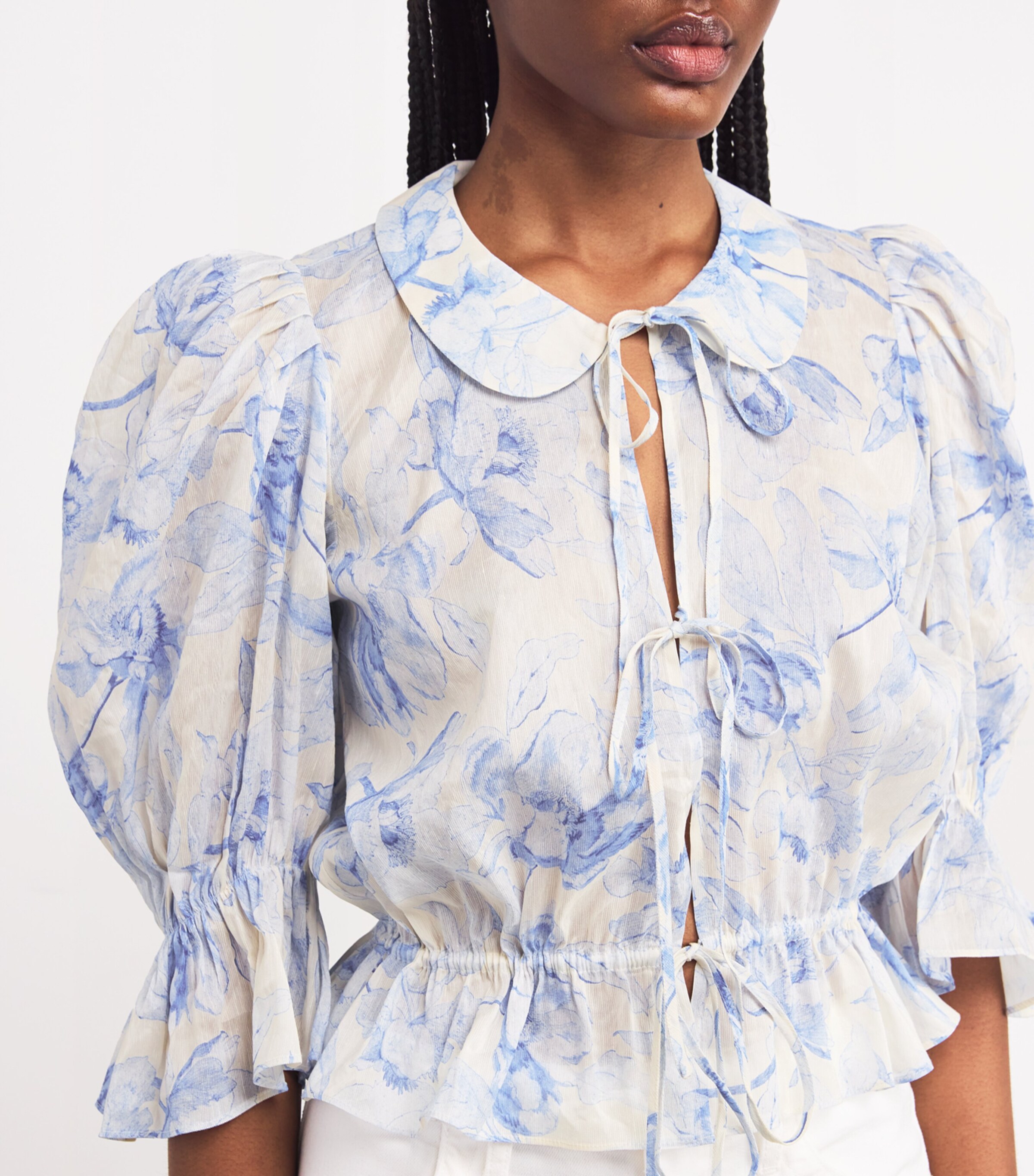 Maje Blue Linen-Blend Floral Blouse | Harrods US
