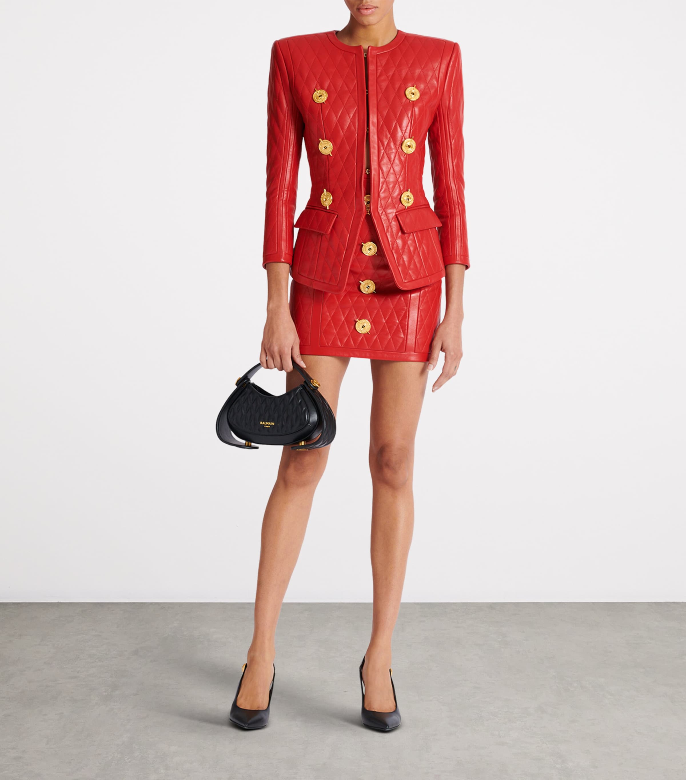 Balmain Red Quilted Leather Blazer | Harrods UK