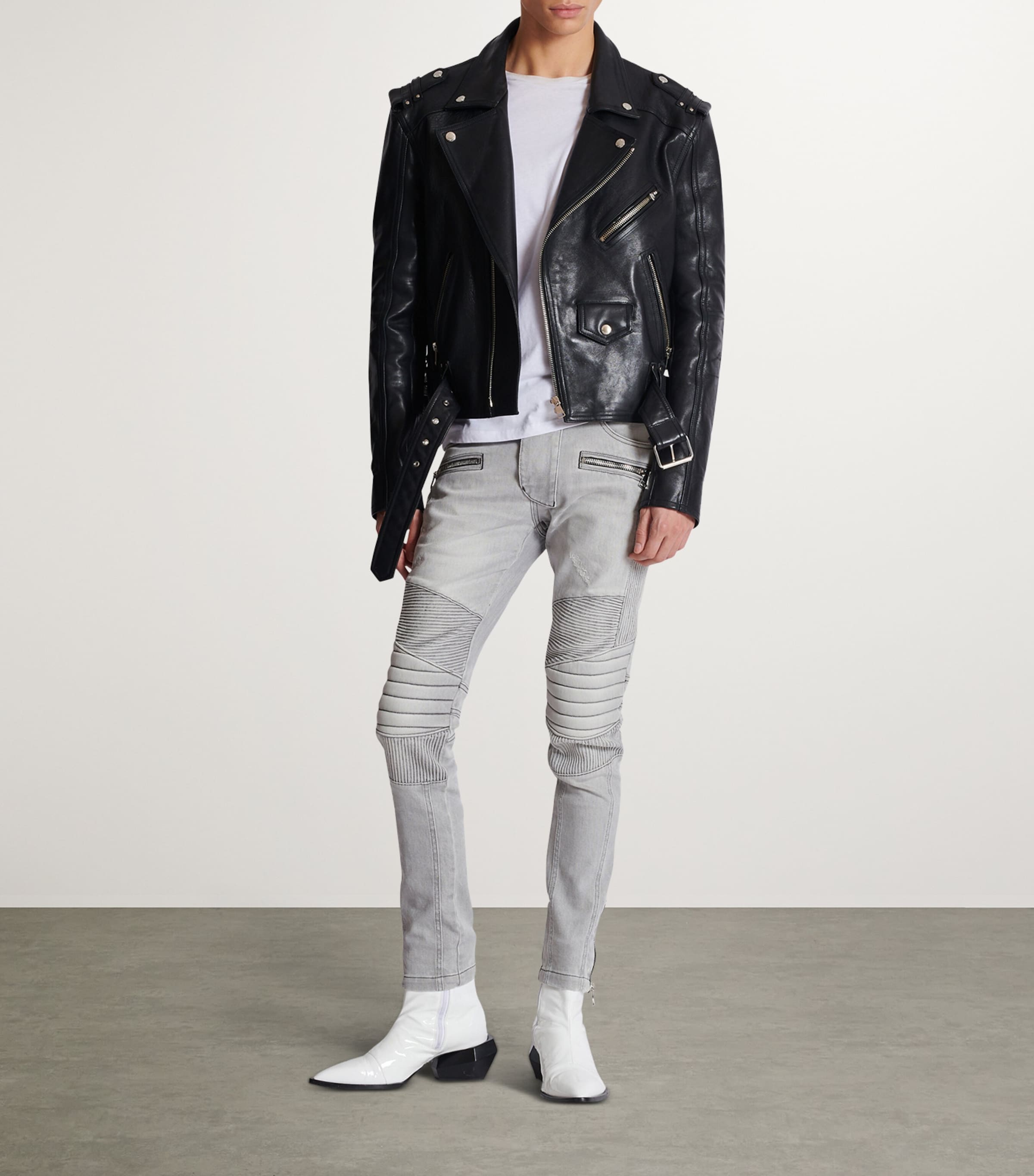 Balmain Grey Quilted Slim Biker Jeans | Harrods UK