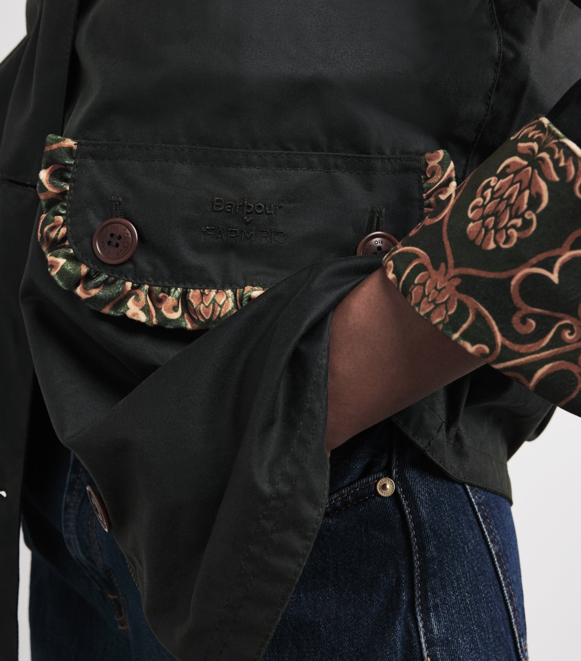 Barbour Multi x FARM Rio Waxed Cotton Maria-Clara Jacket | Harrods SA