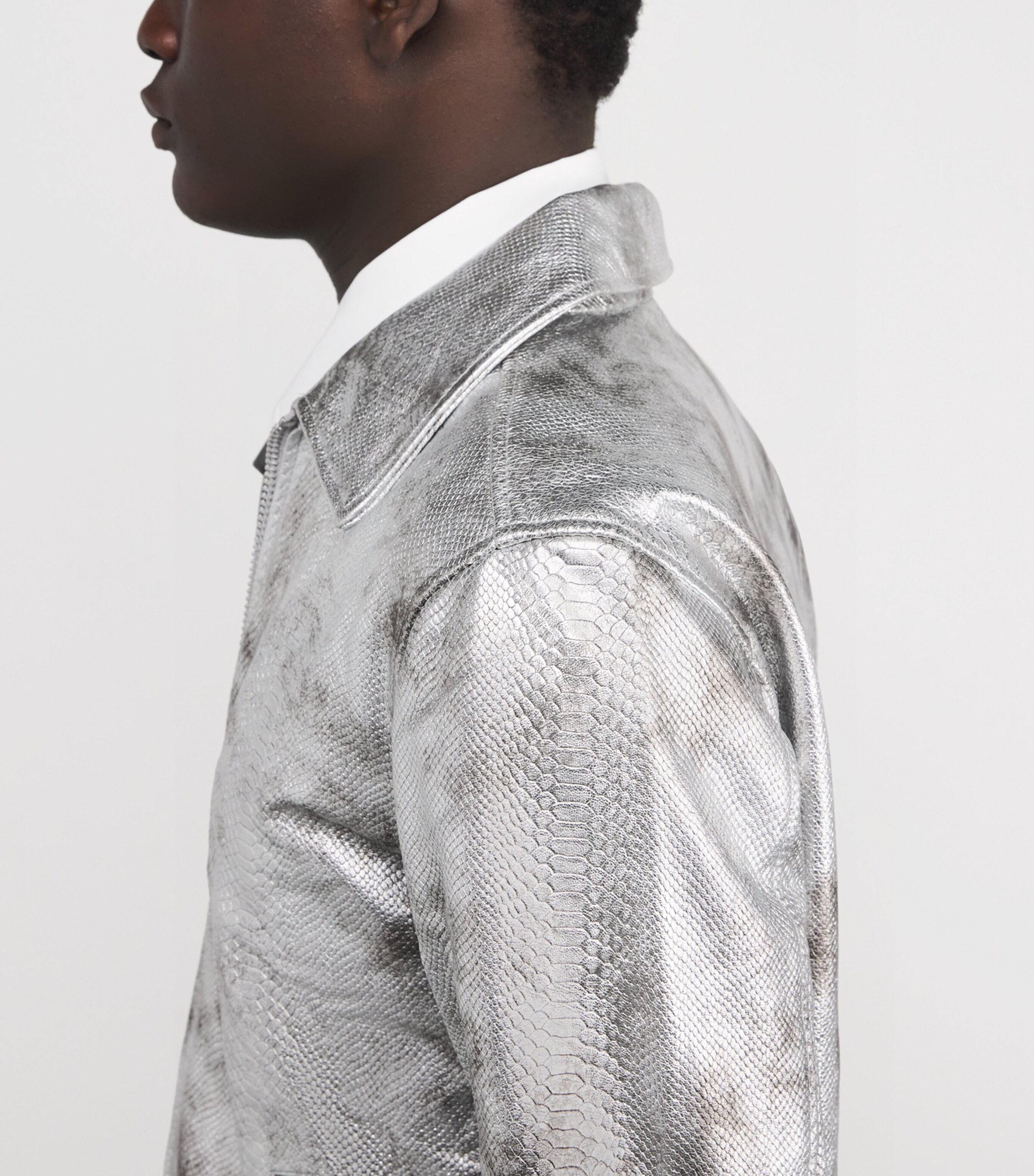 Sunflower Silver Snakeskin-Embossed Collar Leather Jacket | Harrods US