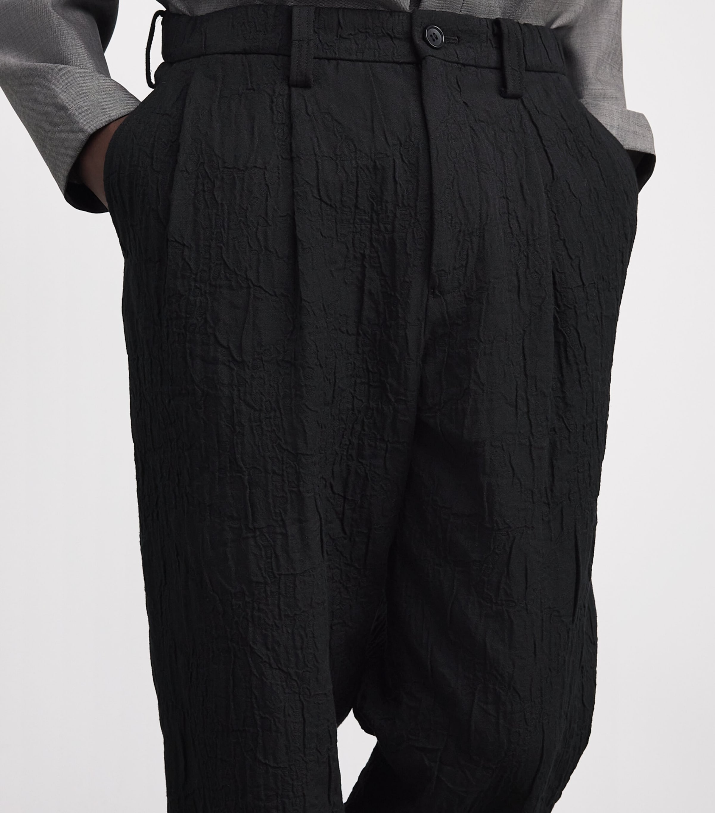 IM MEN Black Jacquard Shrink Trousers | Harrods CA