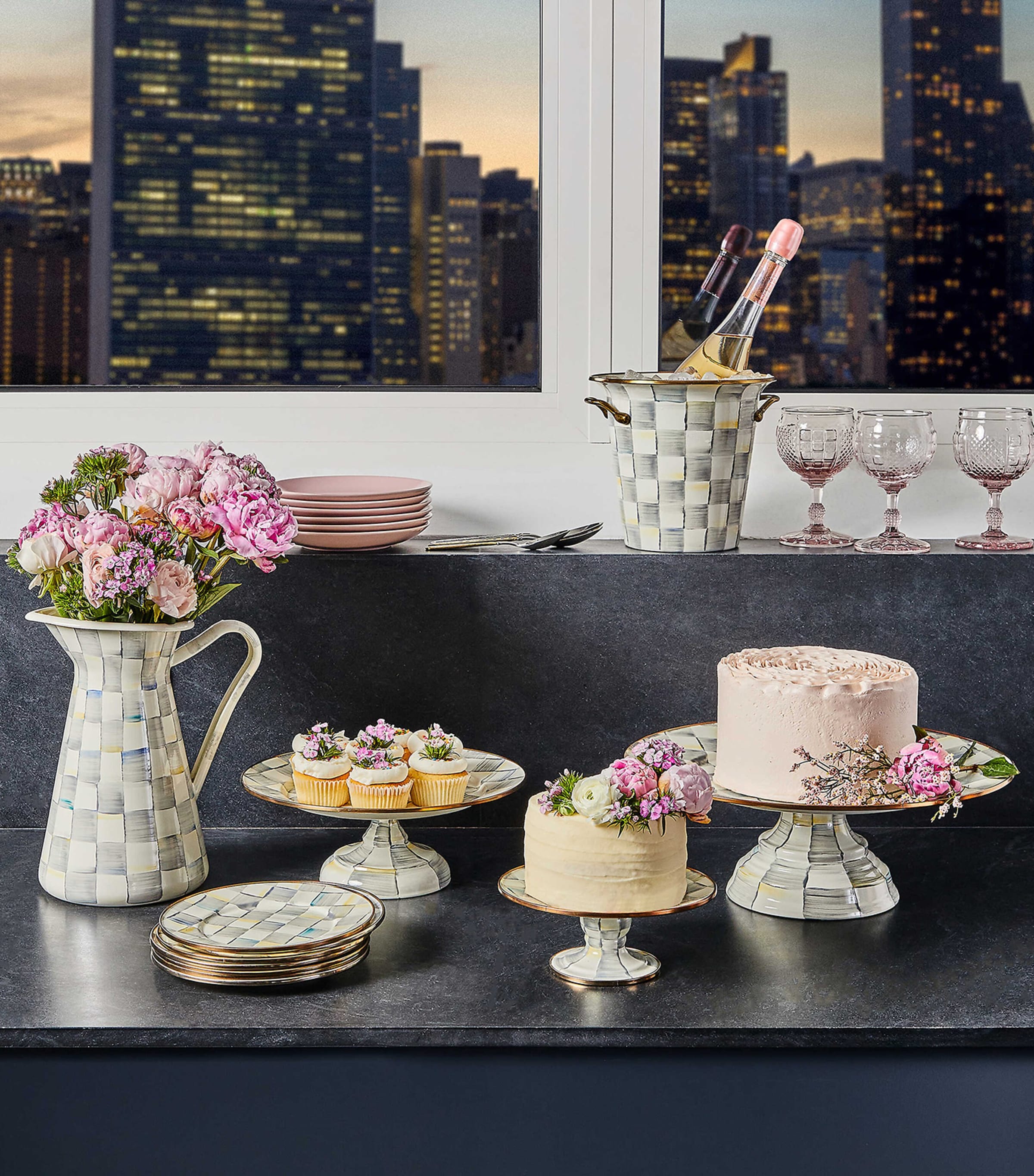 MacKenzie-Childs Grey Sterling Check Pedestal Platter | Harrods UK