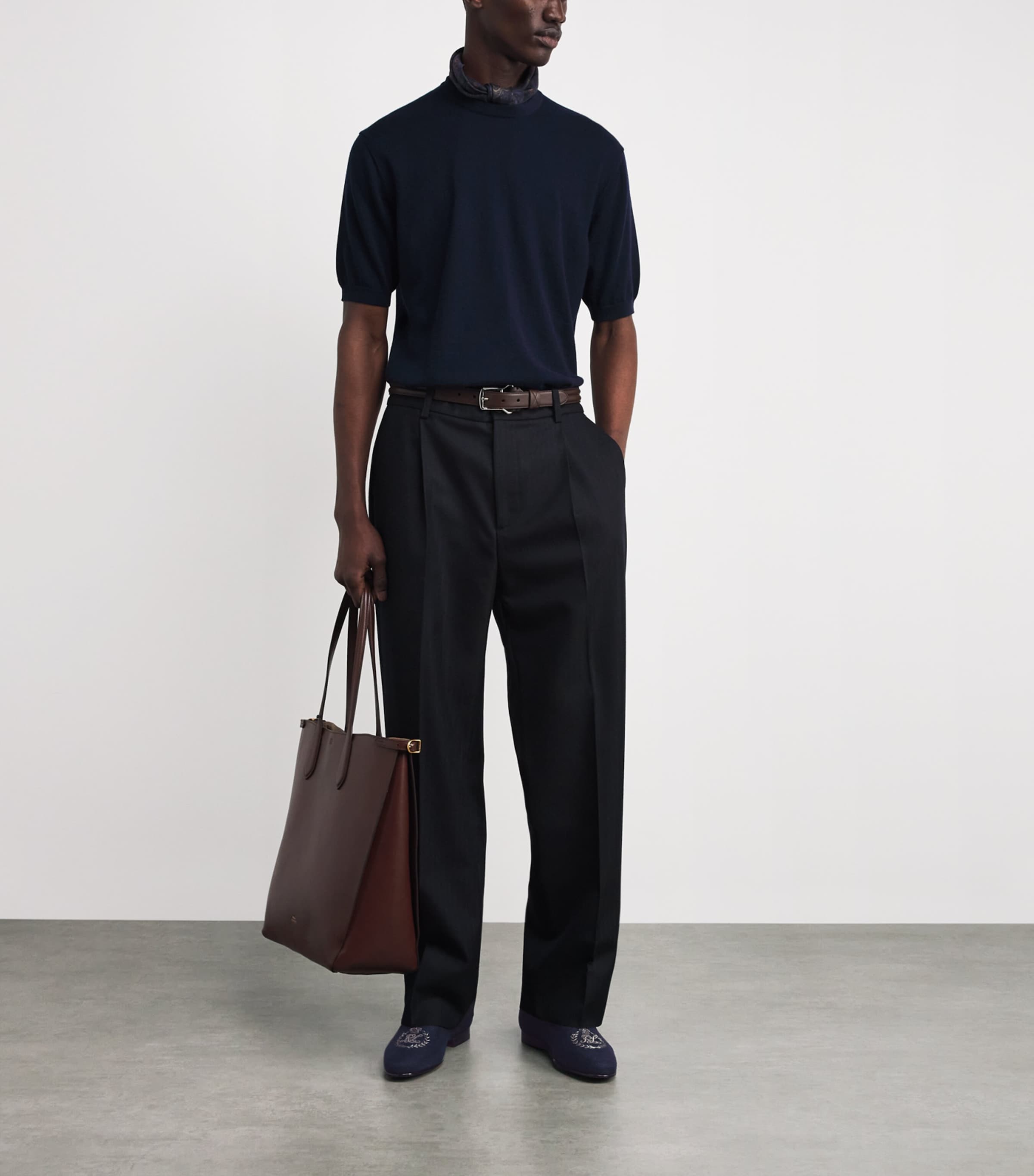 Ralph Lauren Purple Label Navy Velvet Crest-Embellished Slippers ...