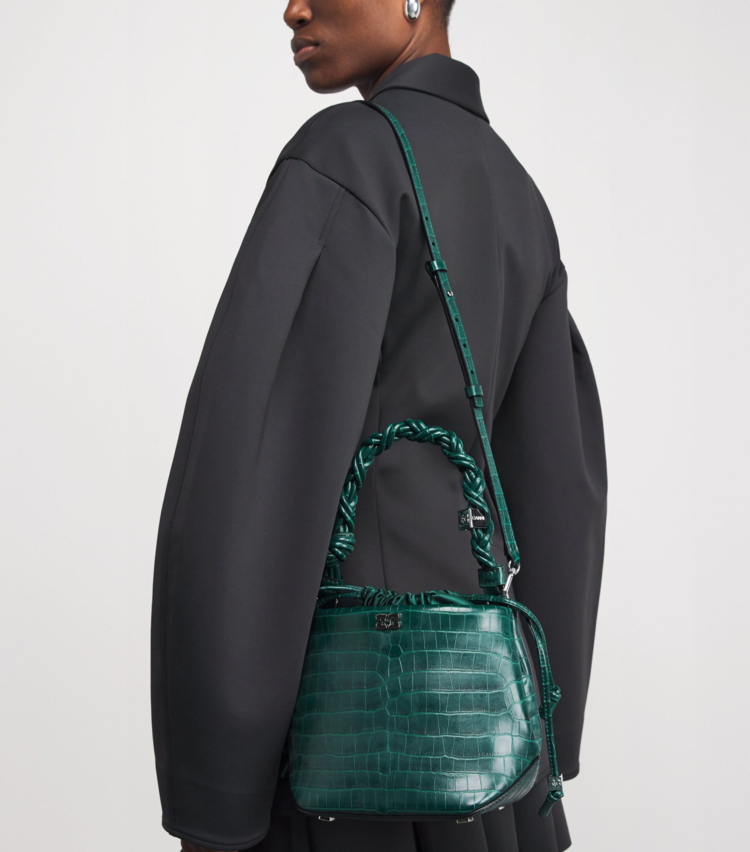 GANNI Green Croc-Embossed Leather Bou Bucket Bag | Harrods US