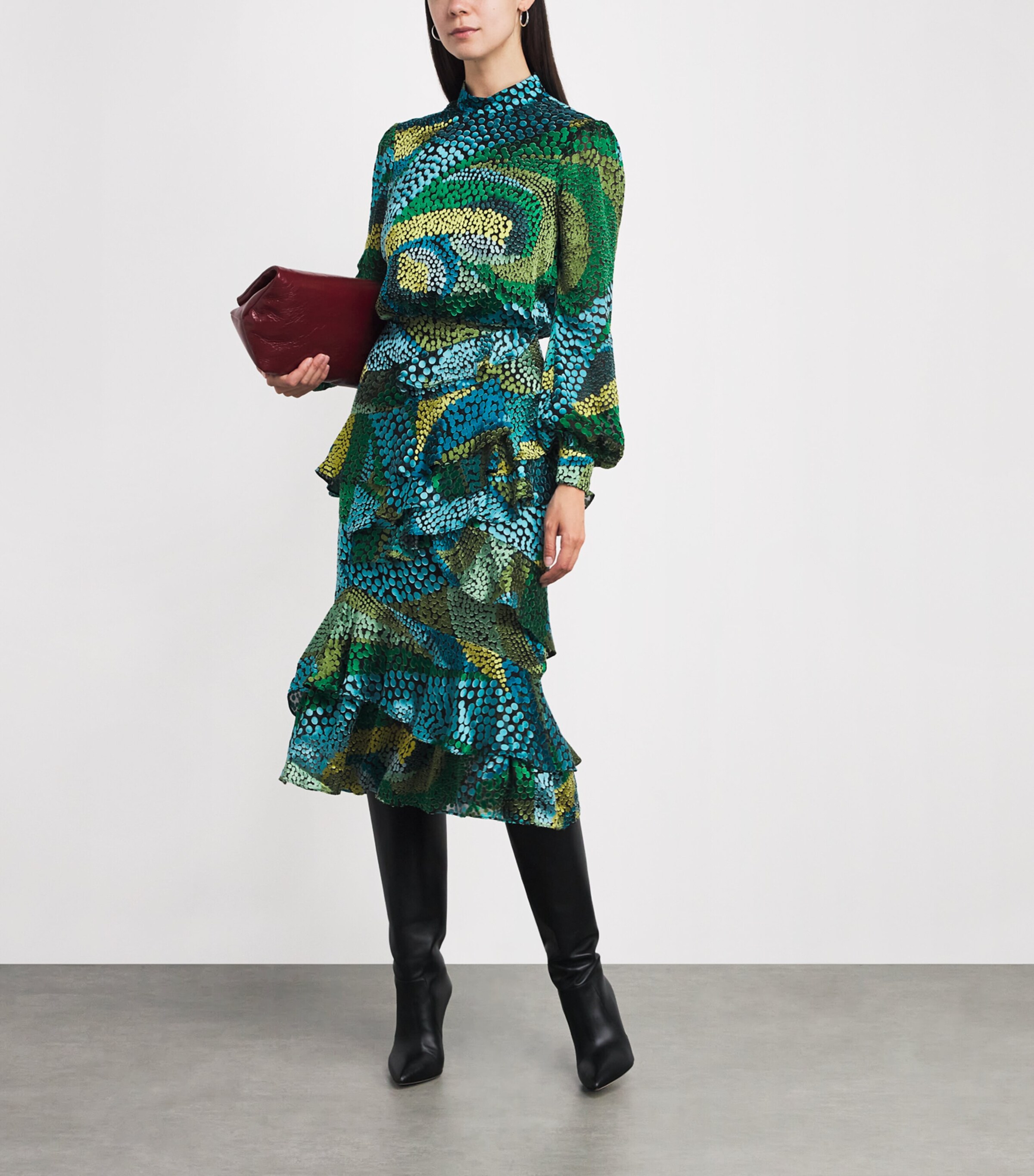 Saloni Green Isa Ruffle Midi Dress | Harrods UK