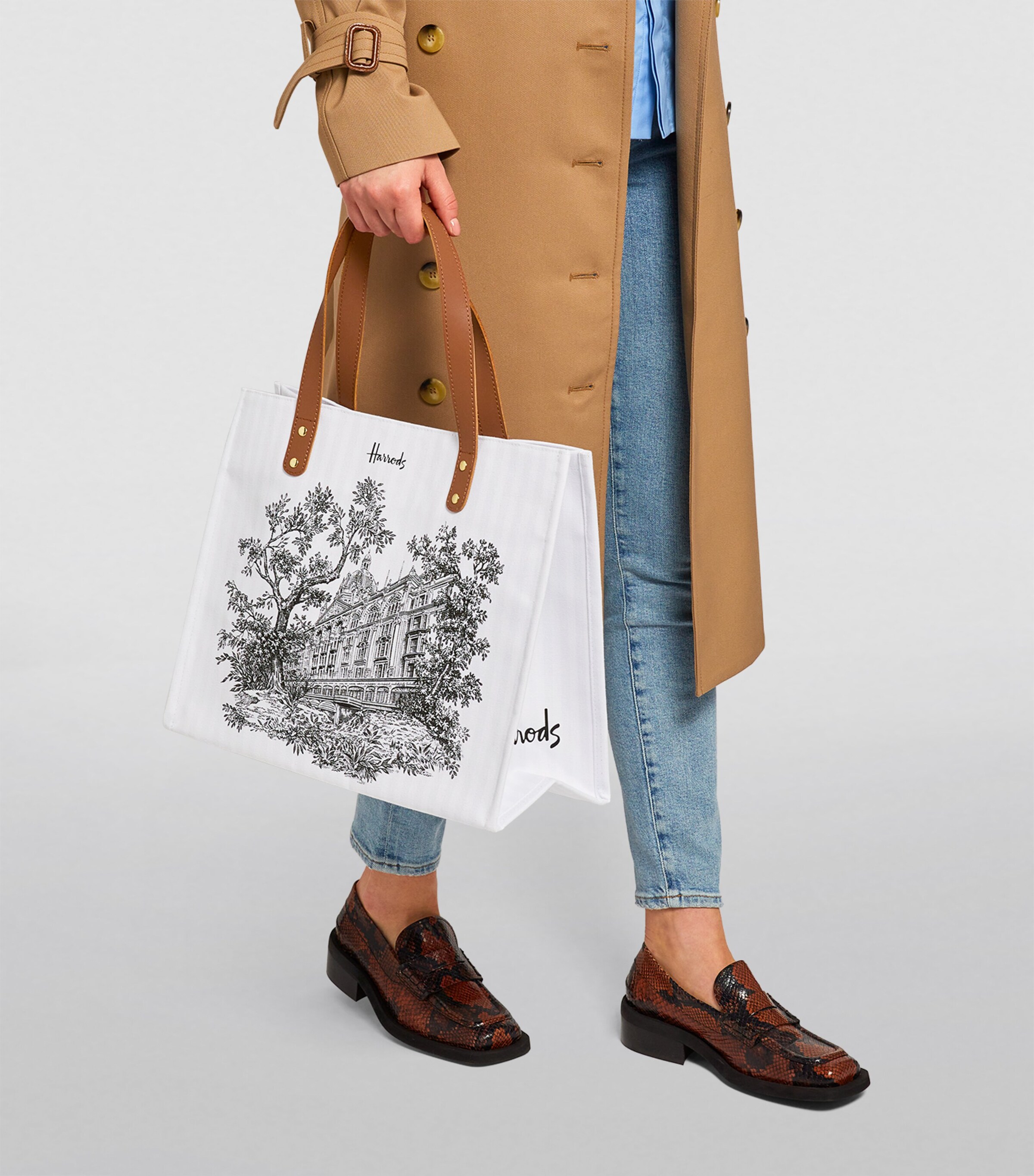 Harrods Black Toile Building Illustration Shopper Bag | Harrods UK