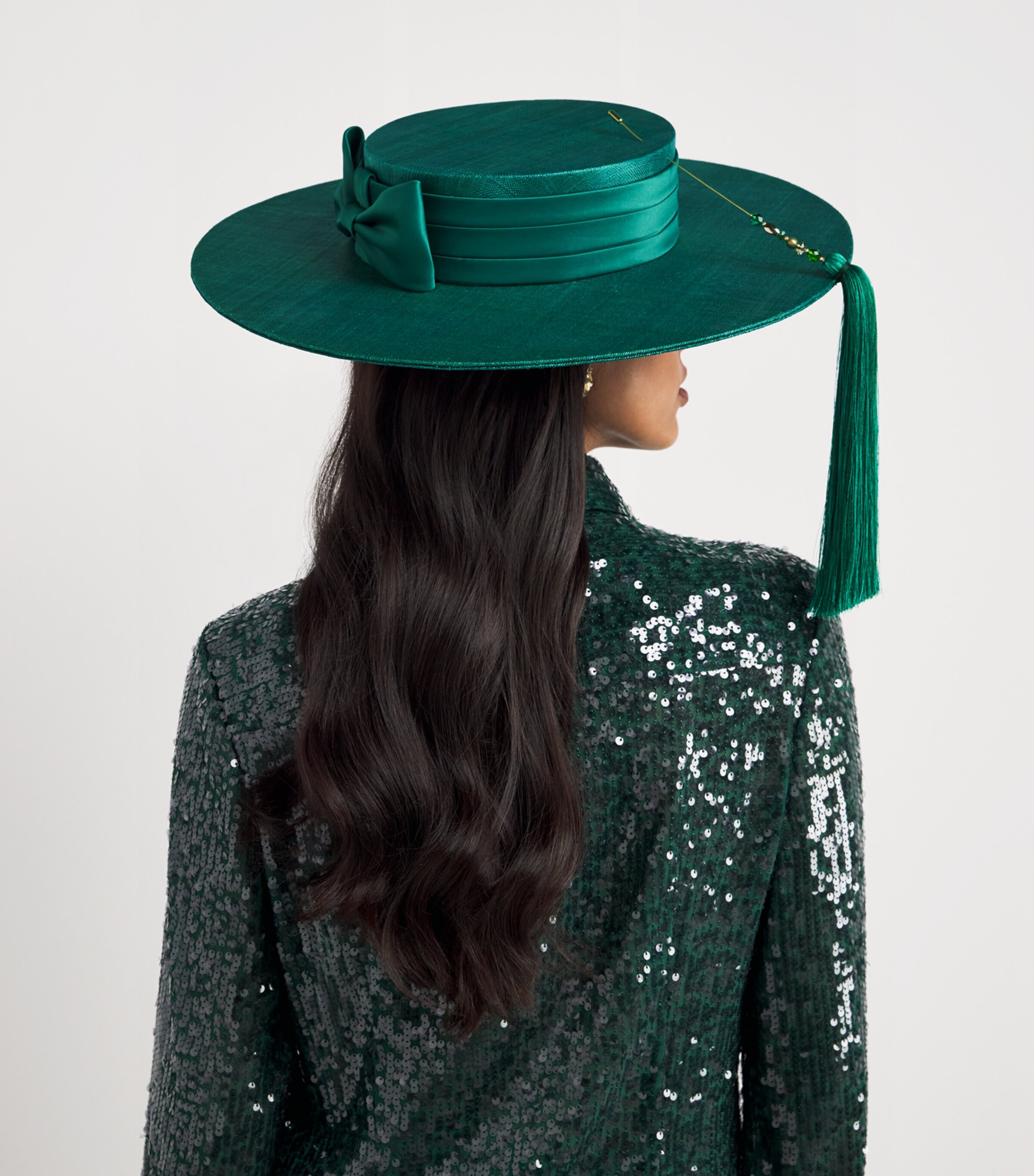 EMILY-LONDON Green Jewelled-Tassel Bow Hat | Harrods UK