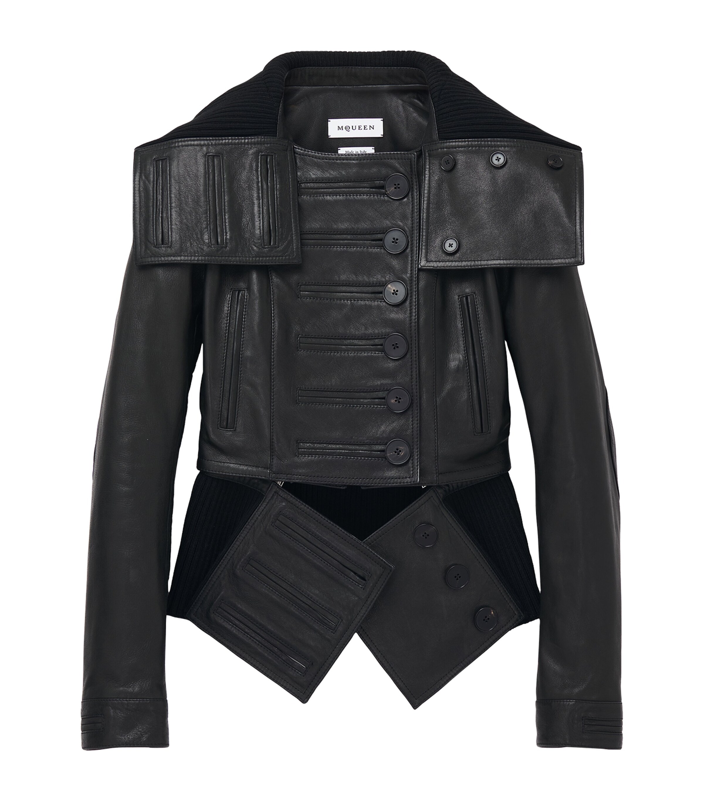 McQueen Black Exaggerated Buttonhole Leather Jacket | Harrods UK