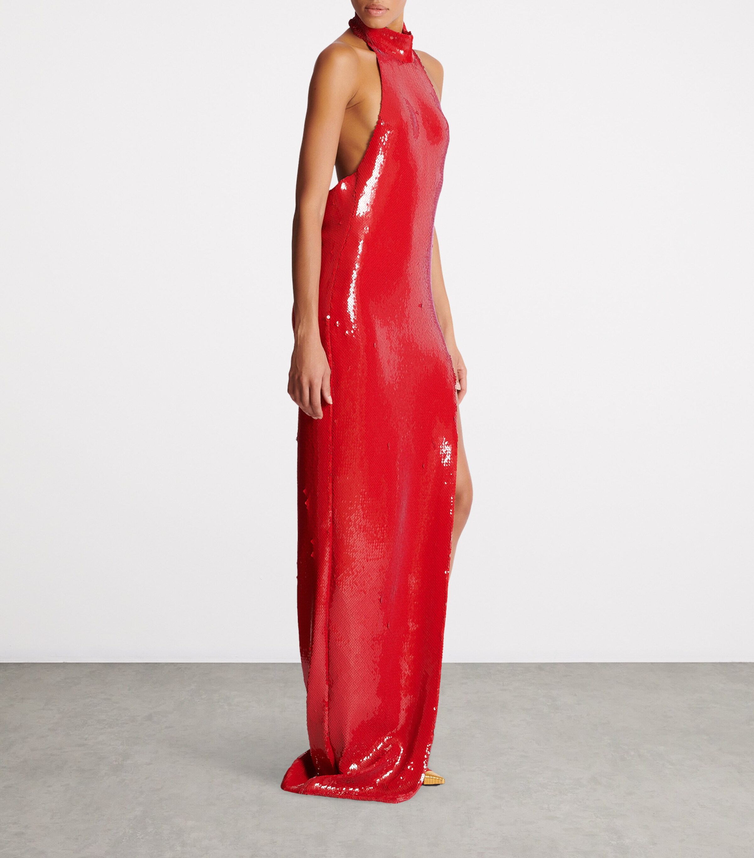 Balmain Red Sequinned Halterneck Maxi Dress | Harrods US