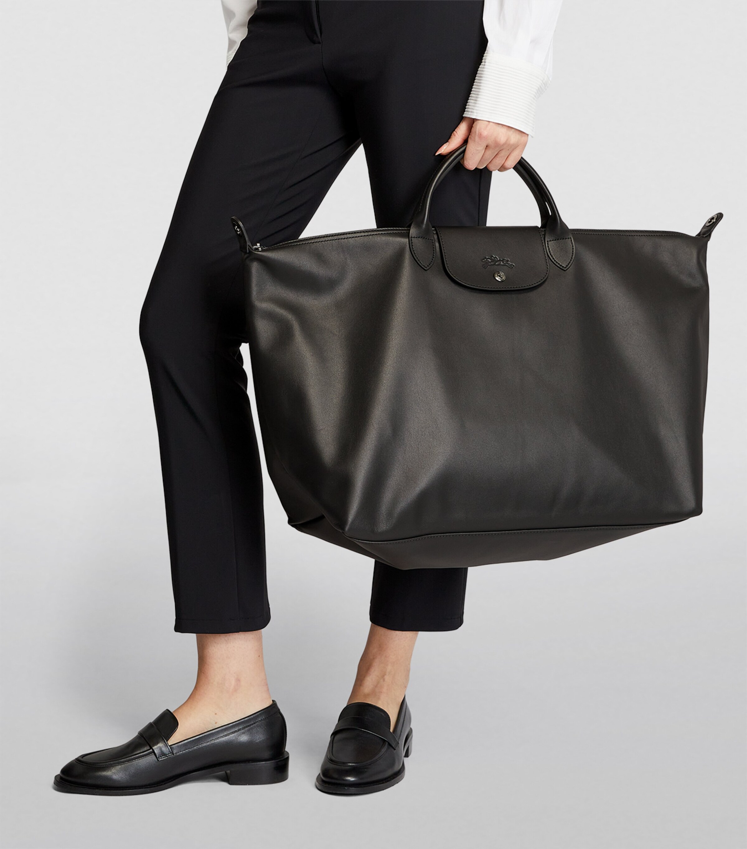 Longchamp Black Large Leather Le Pliage Xtra Travel Bag | Harrods UK