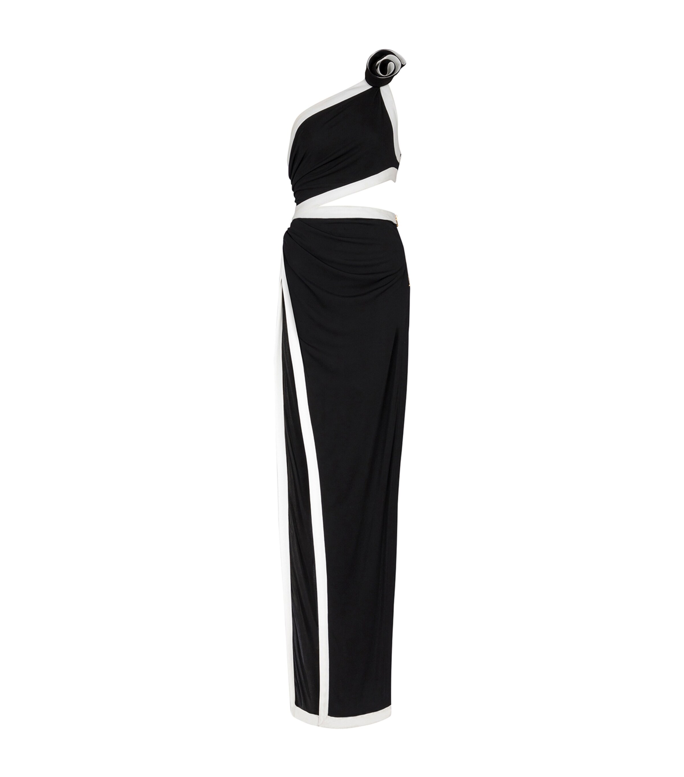 Balmain Black Asymmetric Rose-Detail Maxi Dress | Harrods US