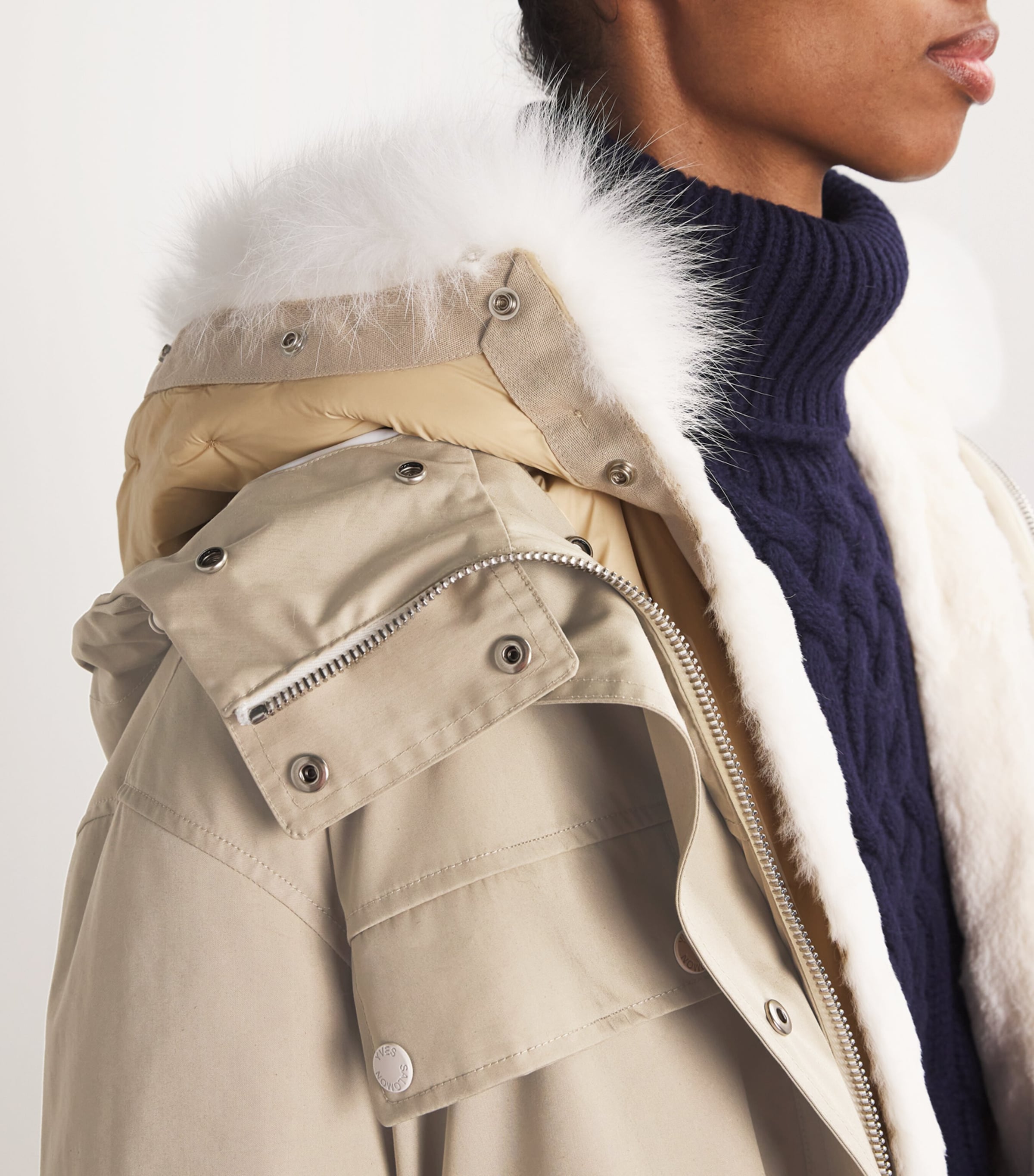Yves Salomon Beige Canvas Fur-Trim Parka Jacket | Harrods UK