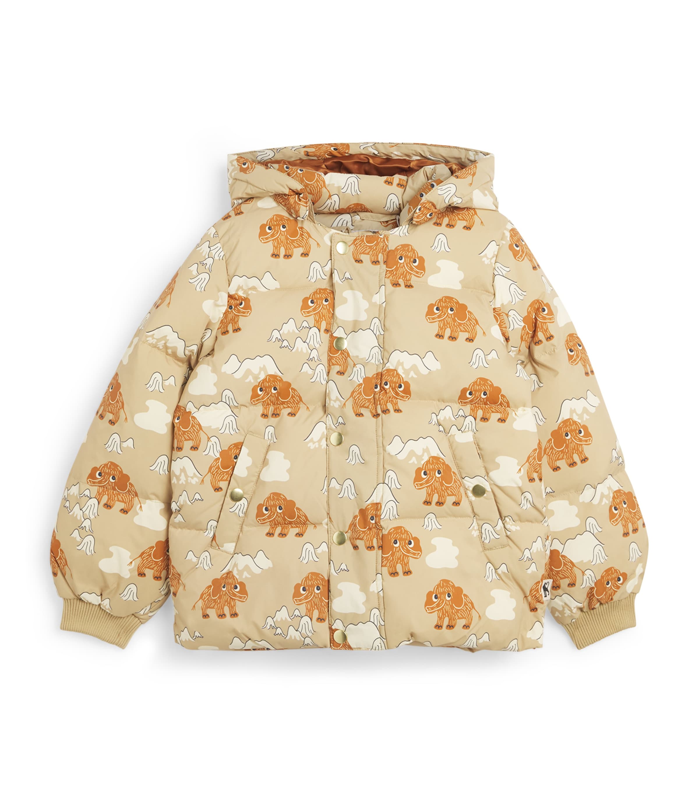 Mini Rodini Beige Waterproof Mammoth-Print Hooded Puffer Jacket (3-11 ...