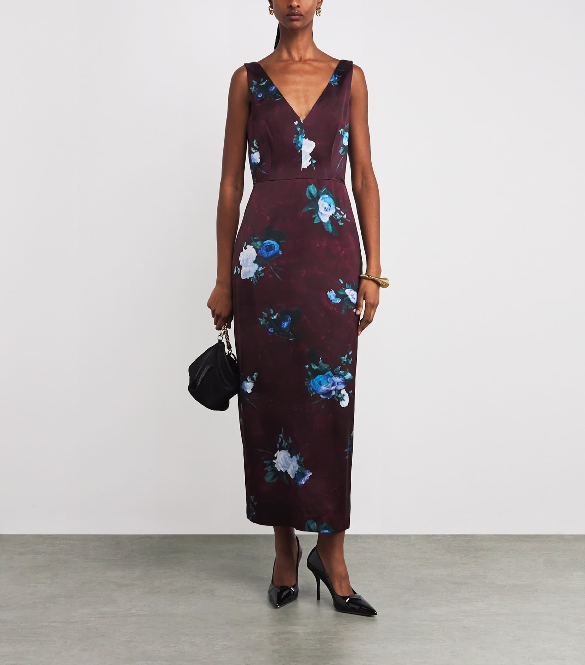 Erdem Burgundy Satin Floral Cocktail Midi Dress | Harrods US
