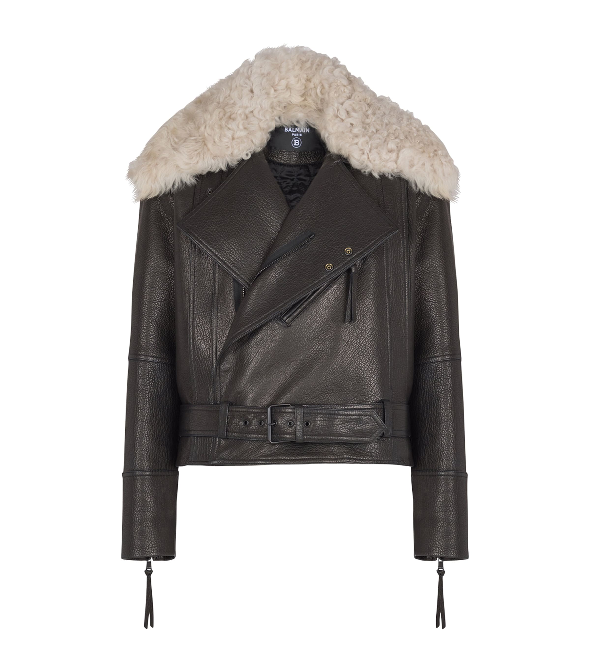 Balmain Black Fur-Trim Collar Leather Jacket | Harrods US