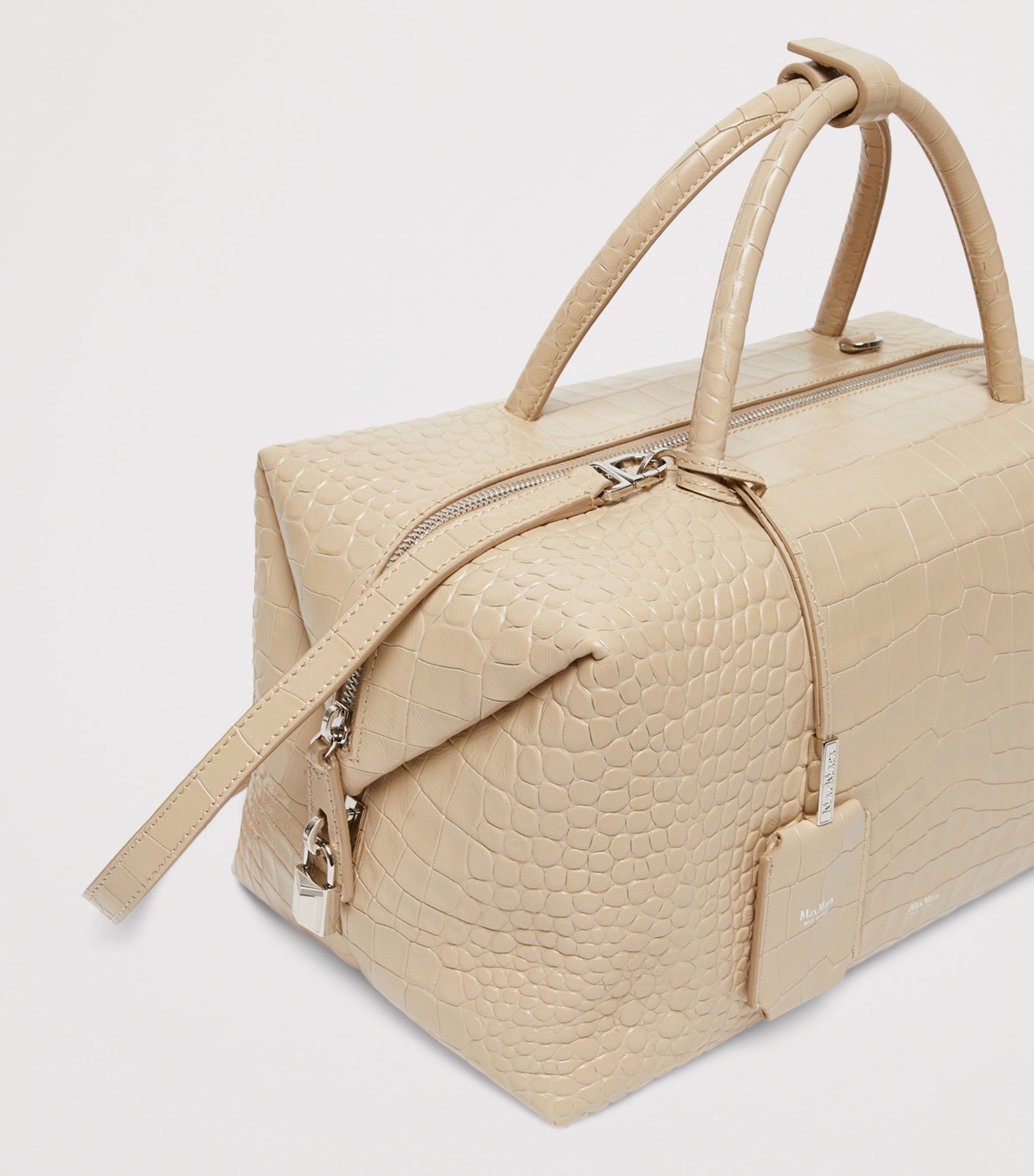 Max Mara White Large Leather Croc-Embossed Boston Bowler Bag | Harrods US