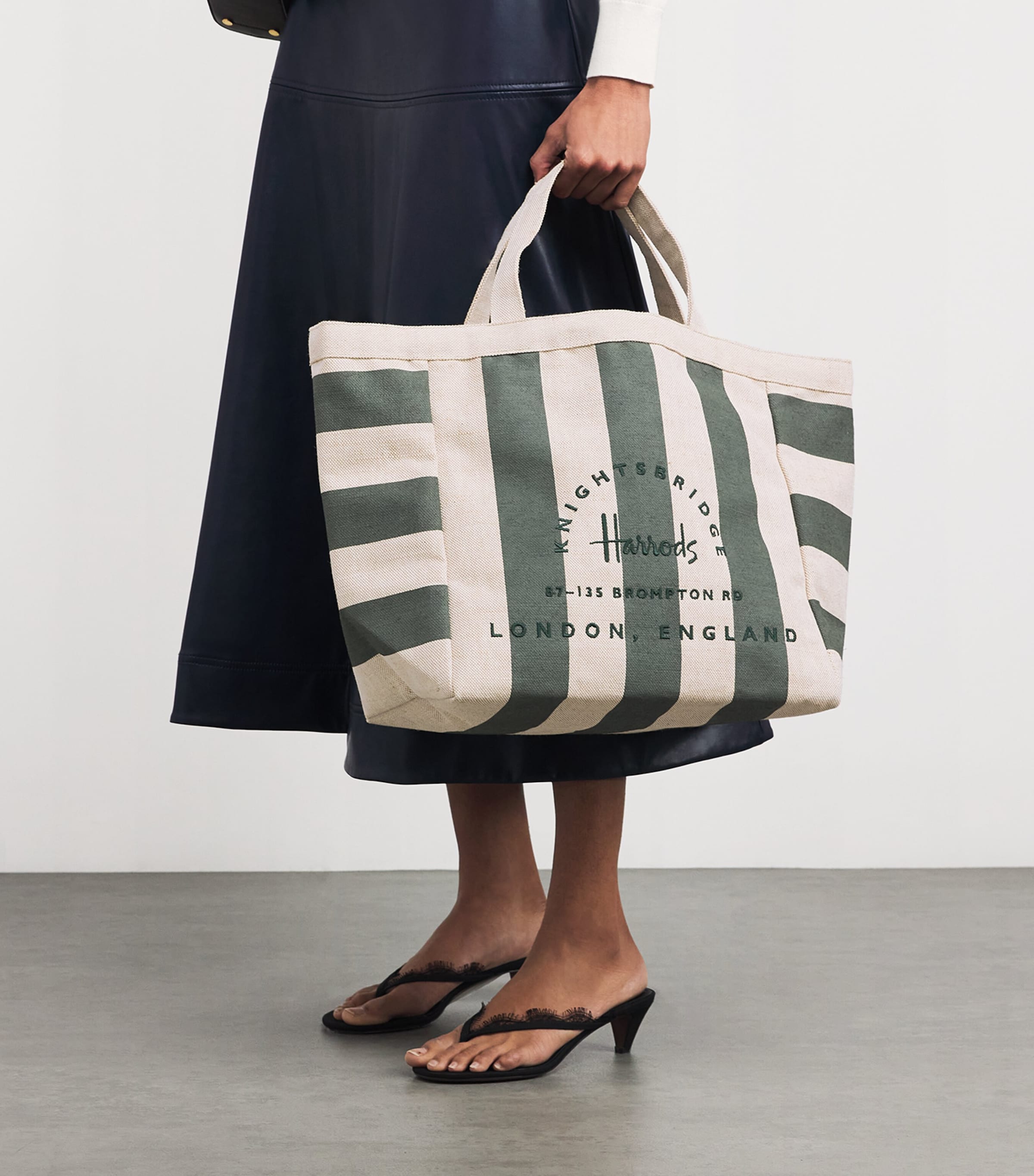 Harrods Green Large Jute Striped Logo Tote Bag | Harrods UK