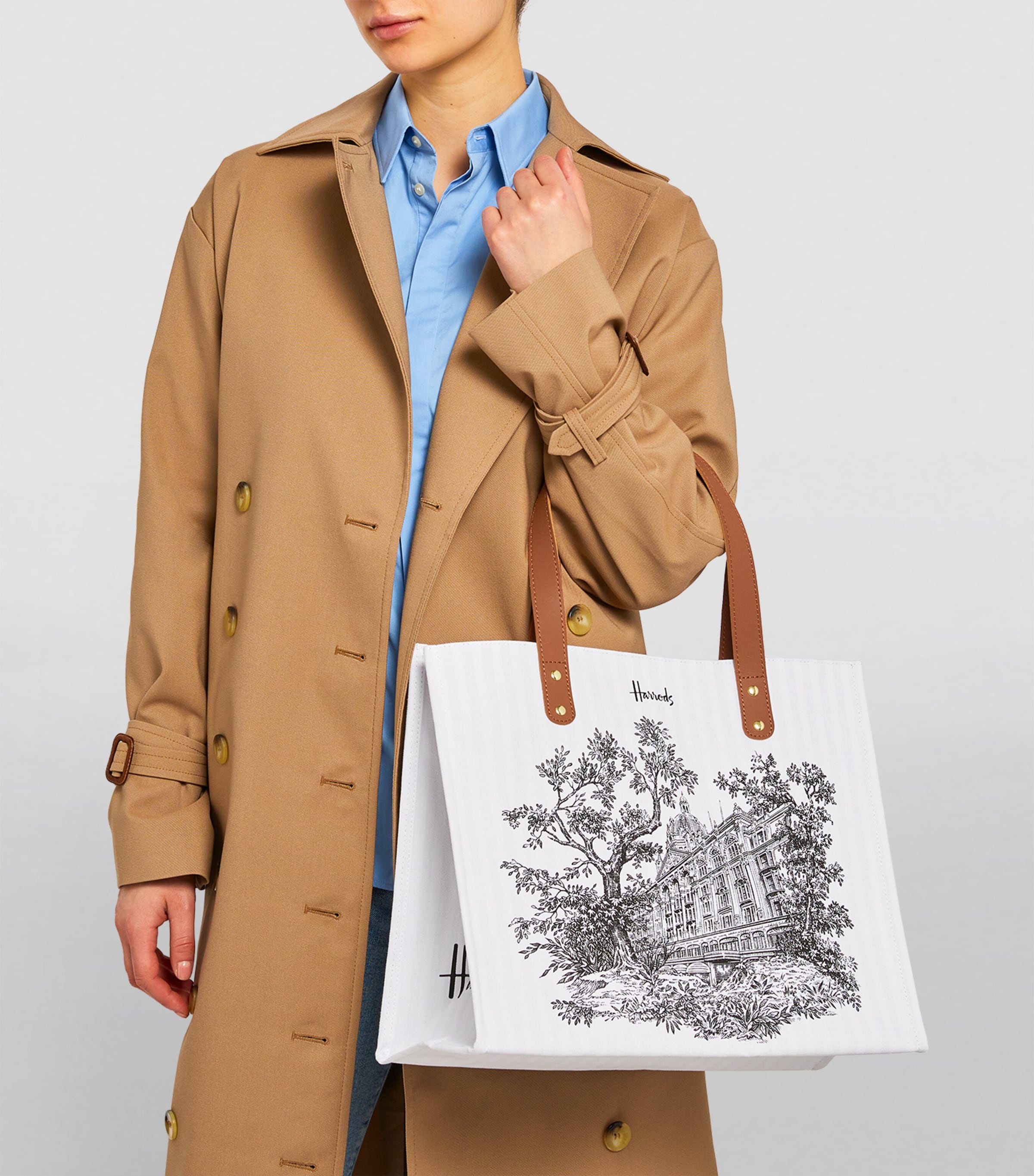 Harrods Black Toile Building Illustration Shopper Bag | Harrods UK