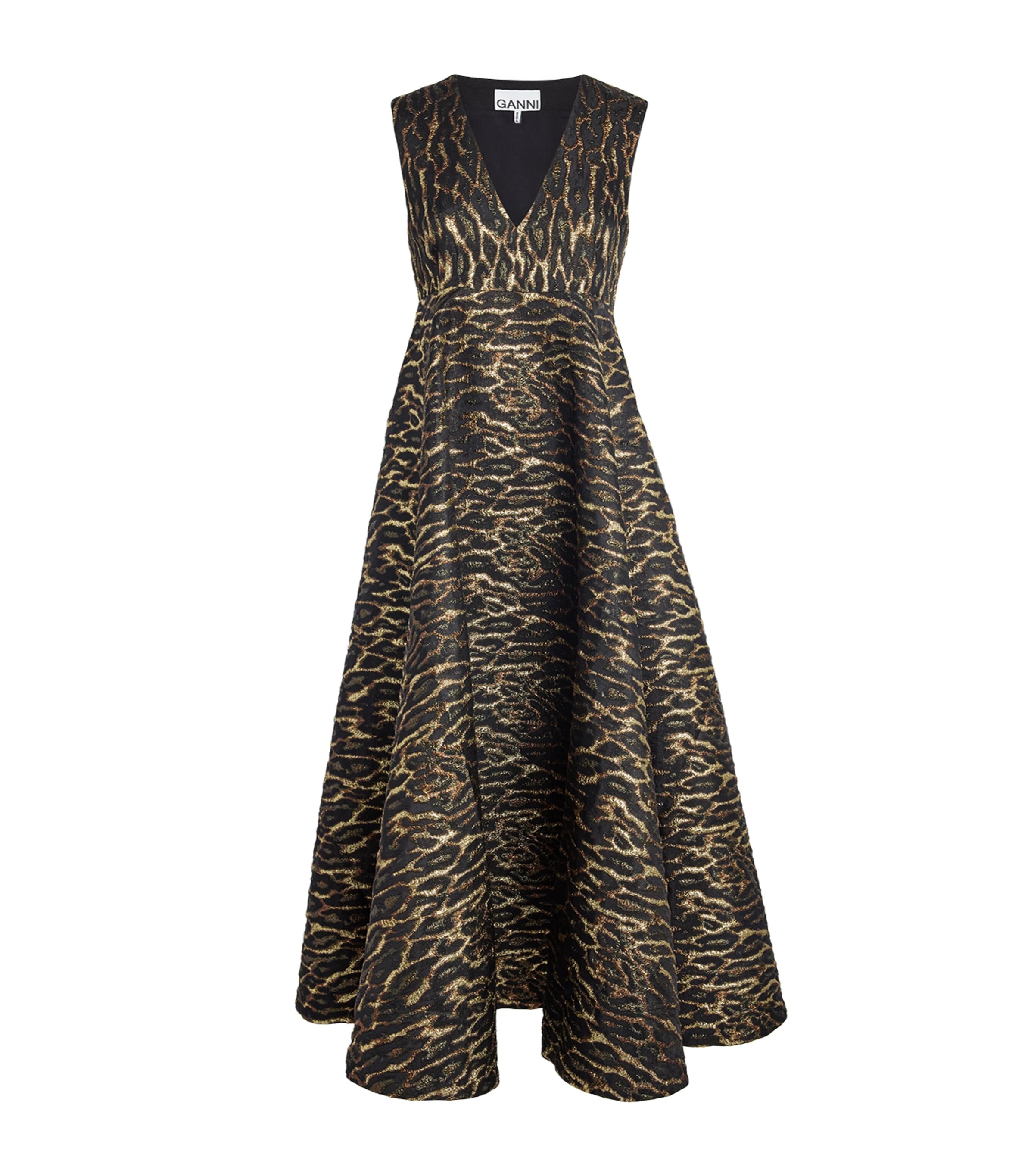 GANNI Brown Metallic Leopard Jacquard Maxi Dress | Harrods CA