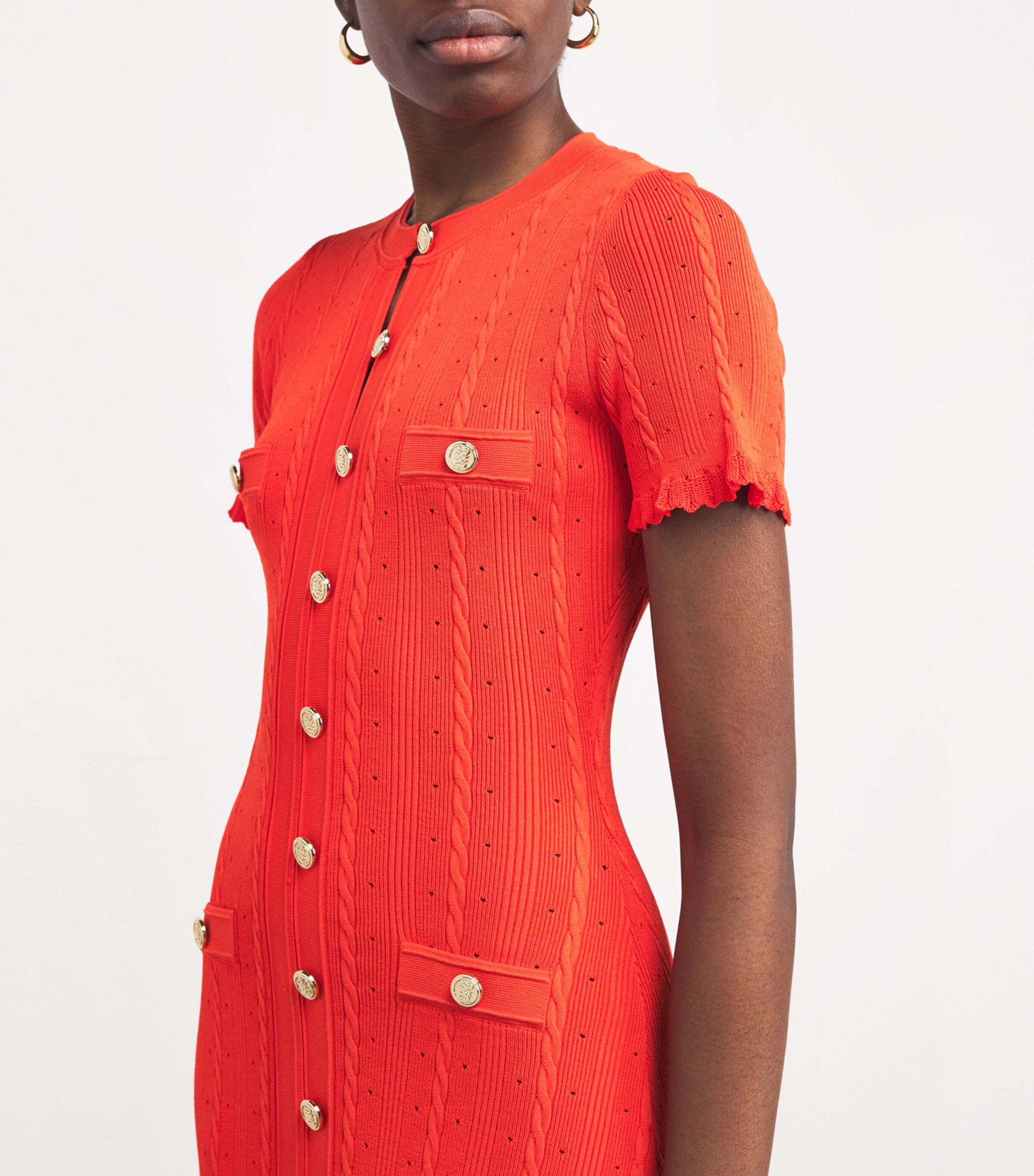 Sandro Paris Red Knitted Perforated Midi Dress | Harrods UK