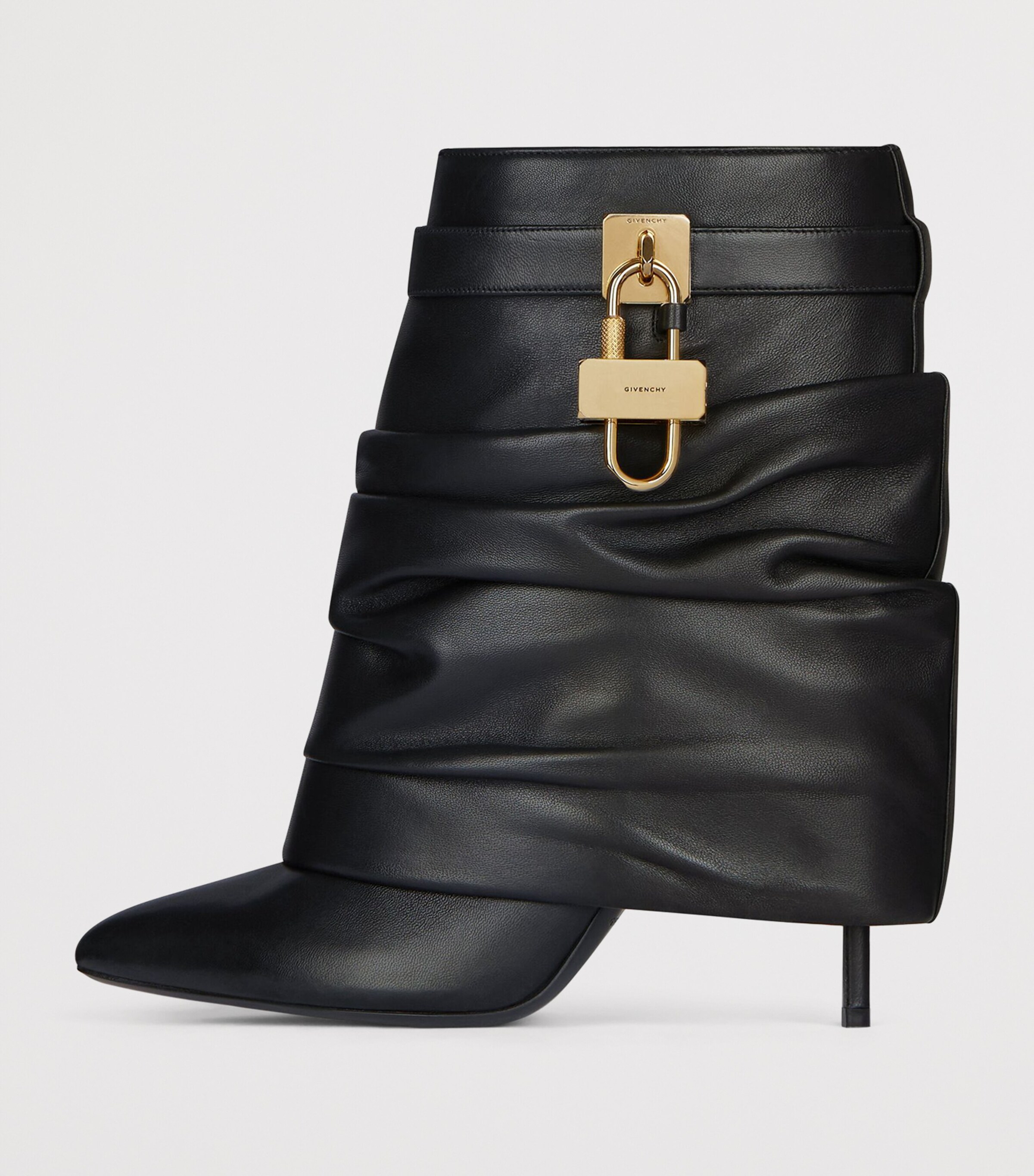 Givenchy Black Leather Scrunched Shark Lock Heeled Ankle Boots 100 ...