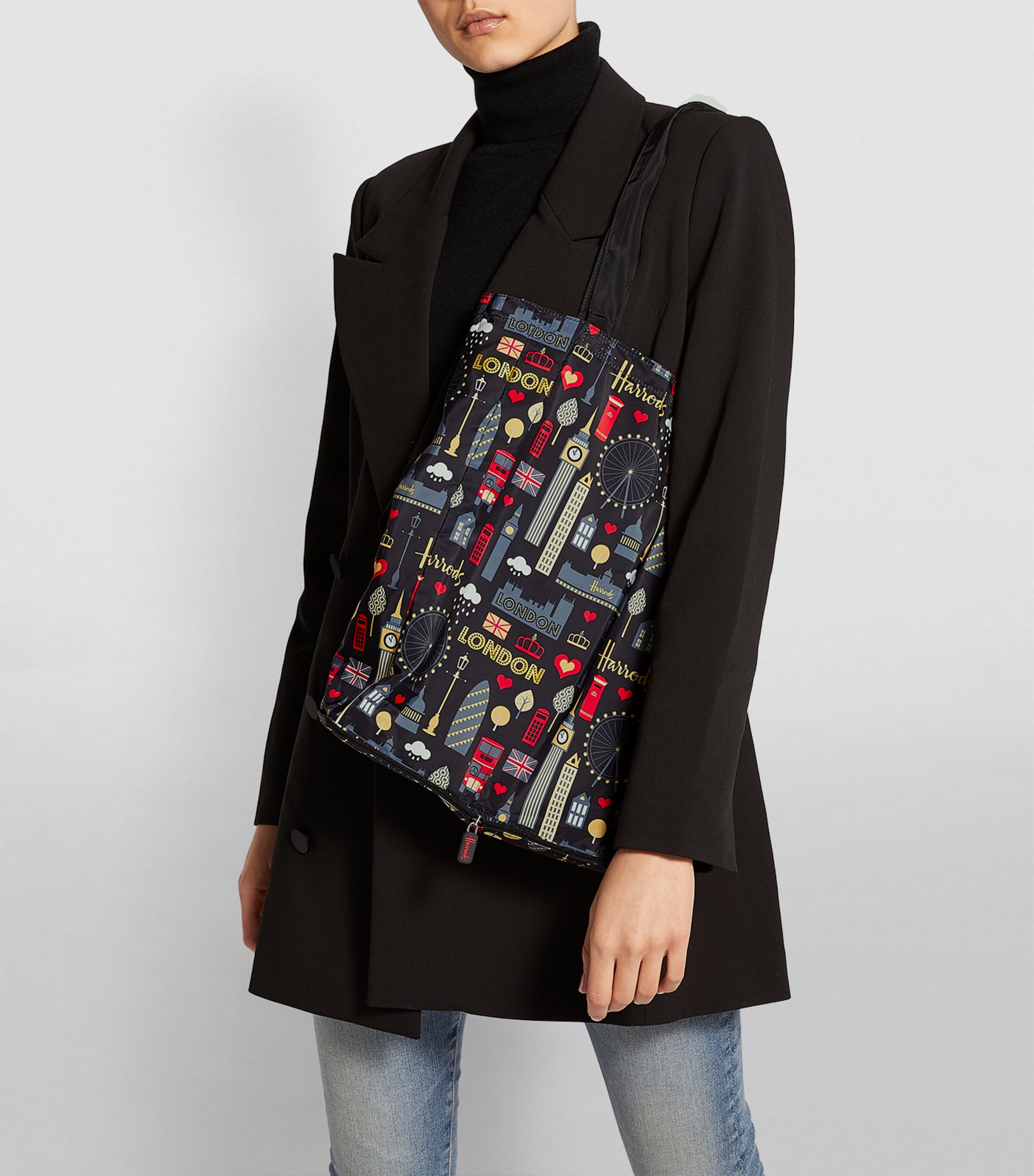 Harrods Black Glitter London Pocket Shopper Bag | Harrods UK