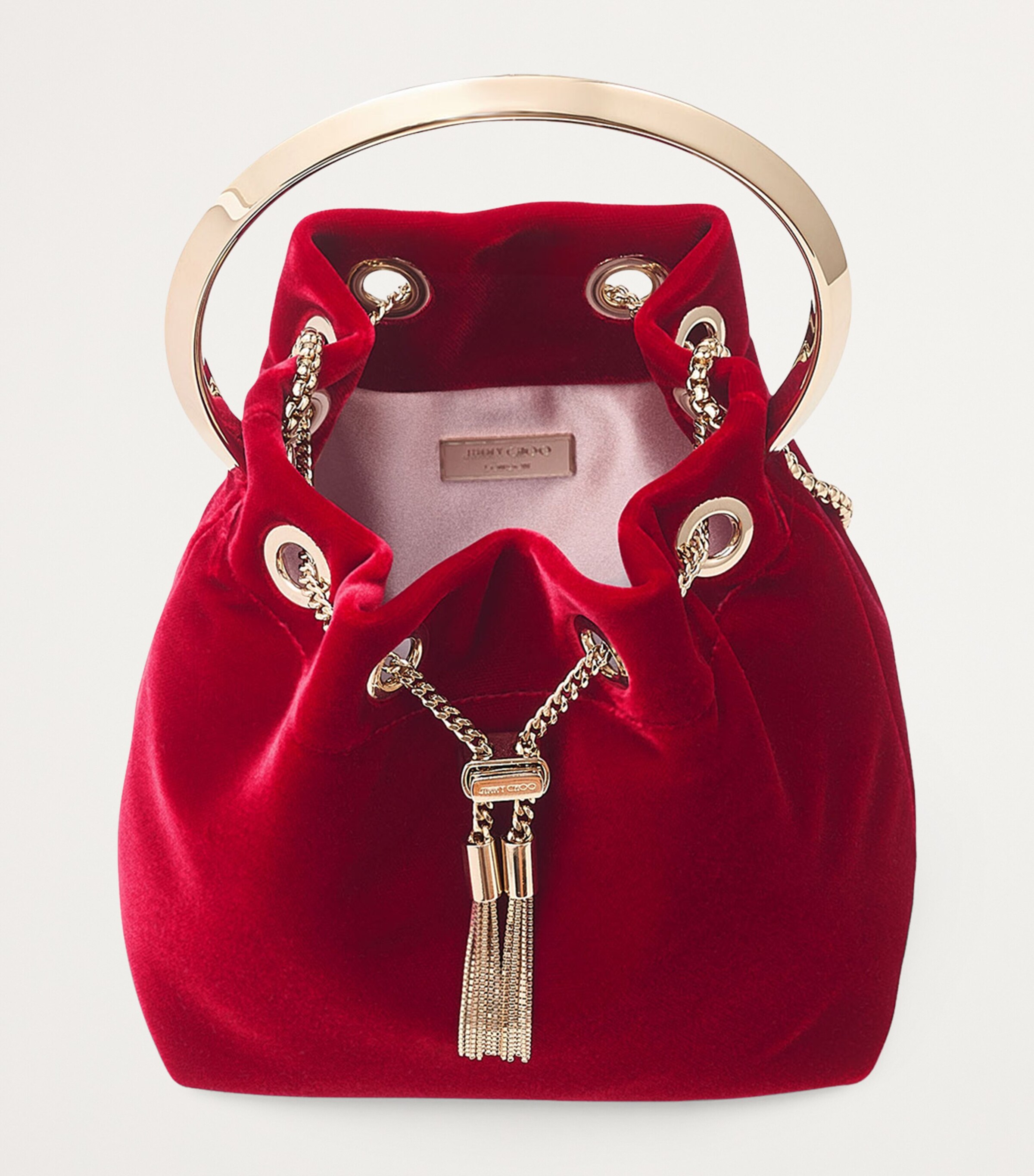 Jimmy Choo Red Bon Bon Velvet Bucket Bag | Harrods UK