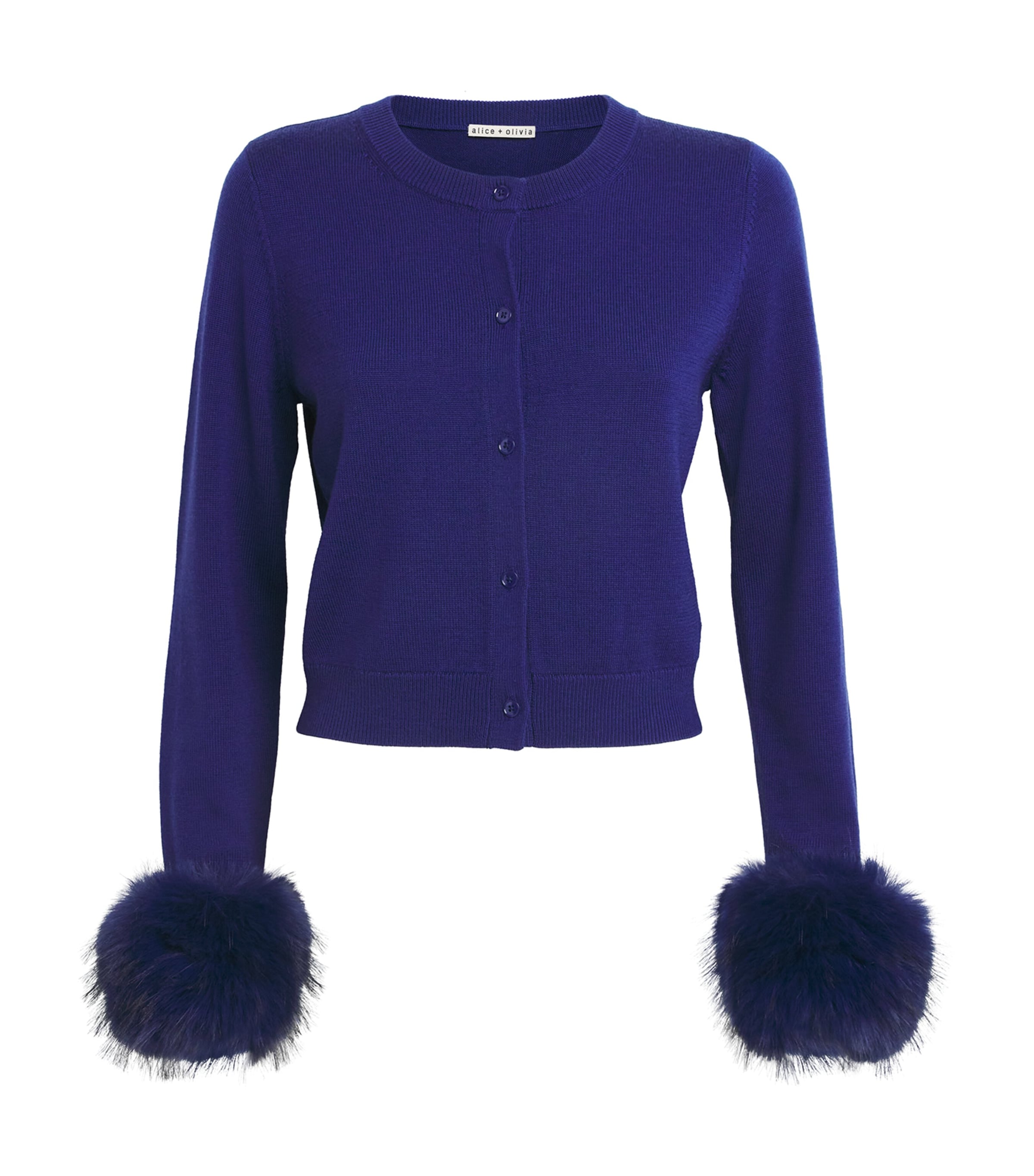 Alice+Olivia Navy Stretch-Wool Cropped Dollie Cardigan | Harrods US
