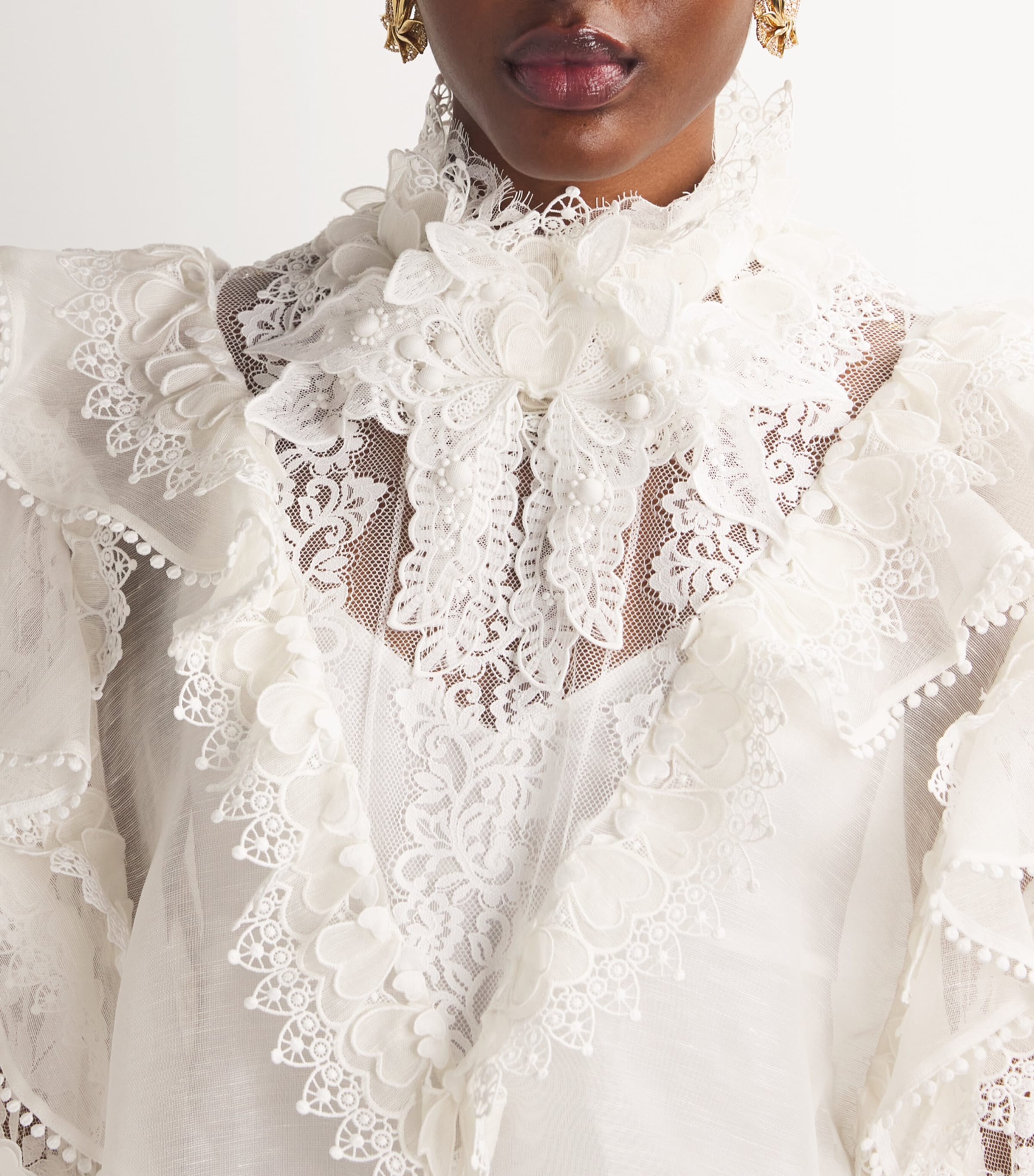 Zimmermann Ivory Lace-Trim Ruffled Blouse | Harrods UK