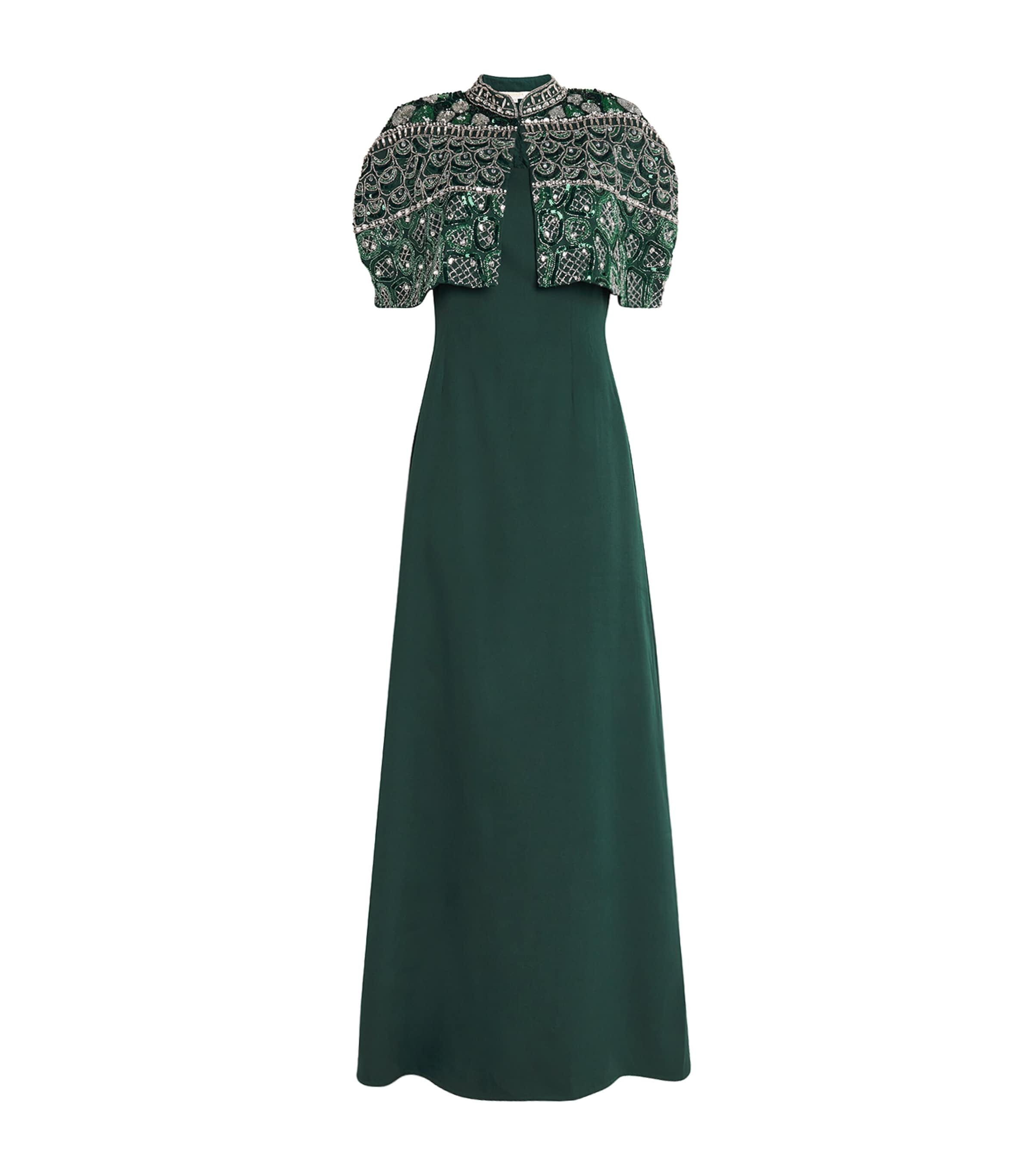 Raishma Green Embellished Cape Beatrice Gown | Harrods UK