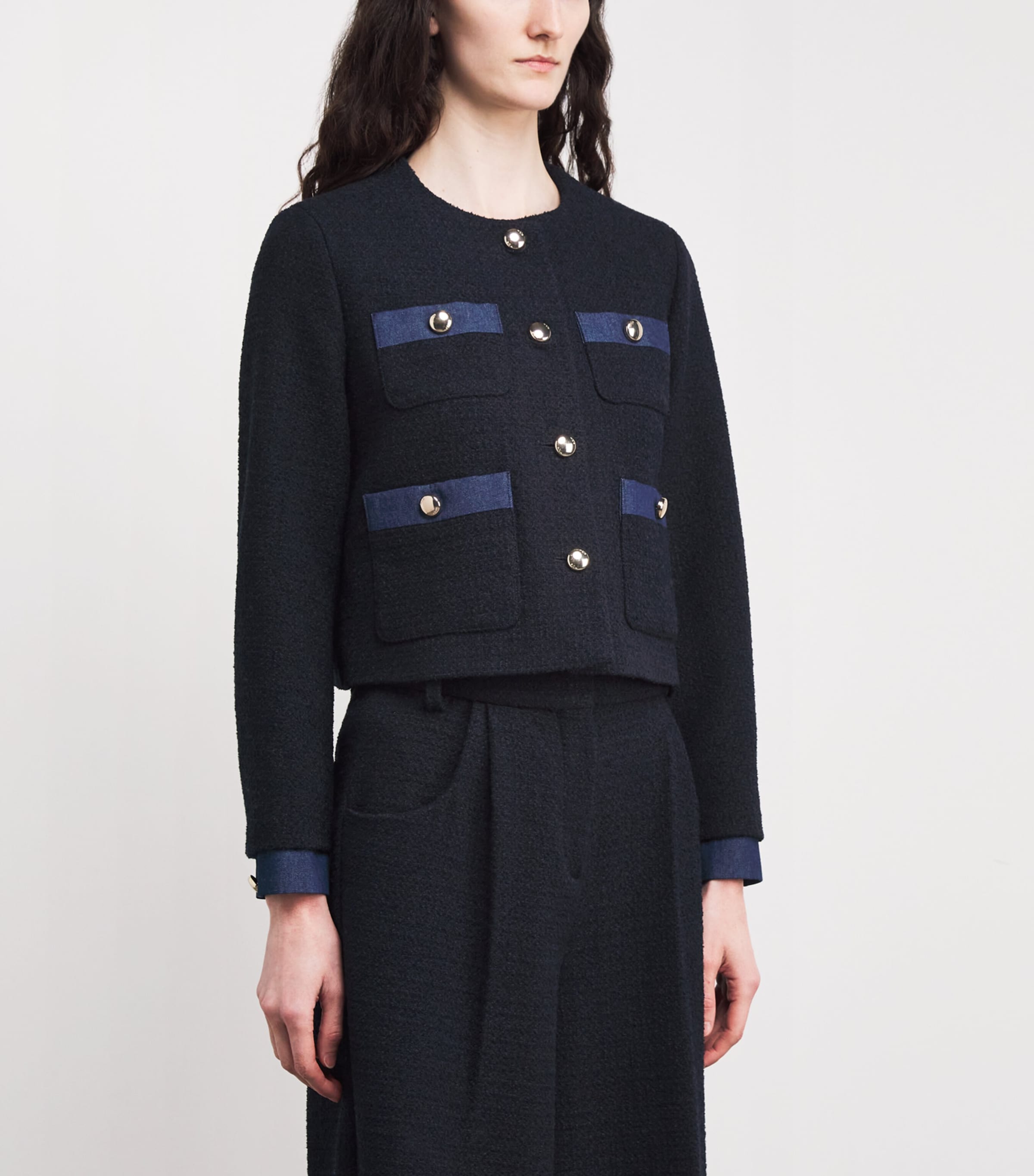 Maje Blue Tweed Denim-Trim Jacket | Harrods US