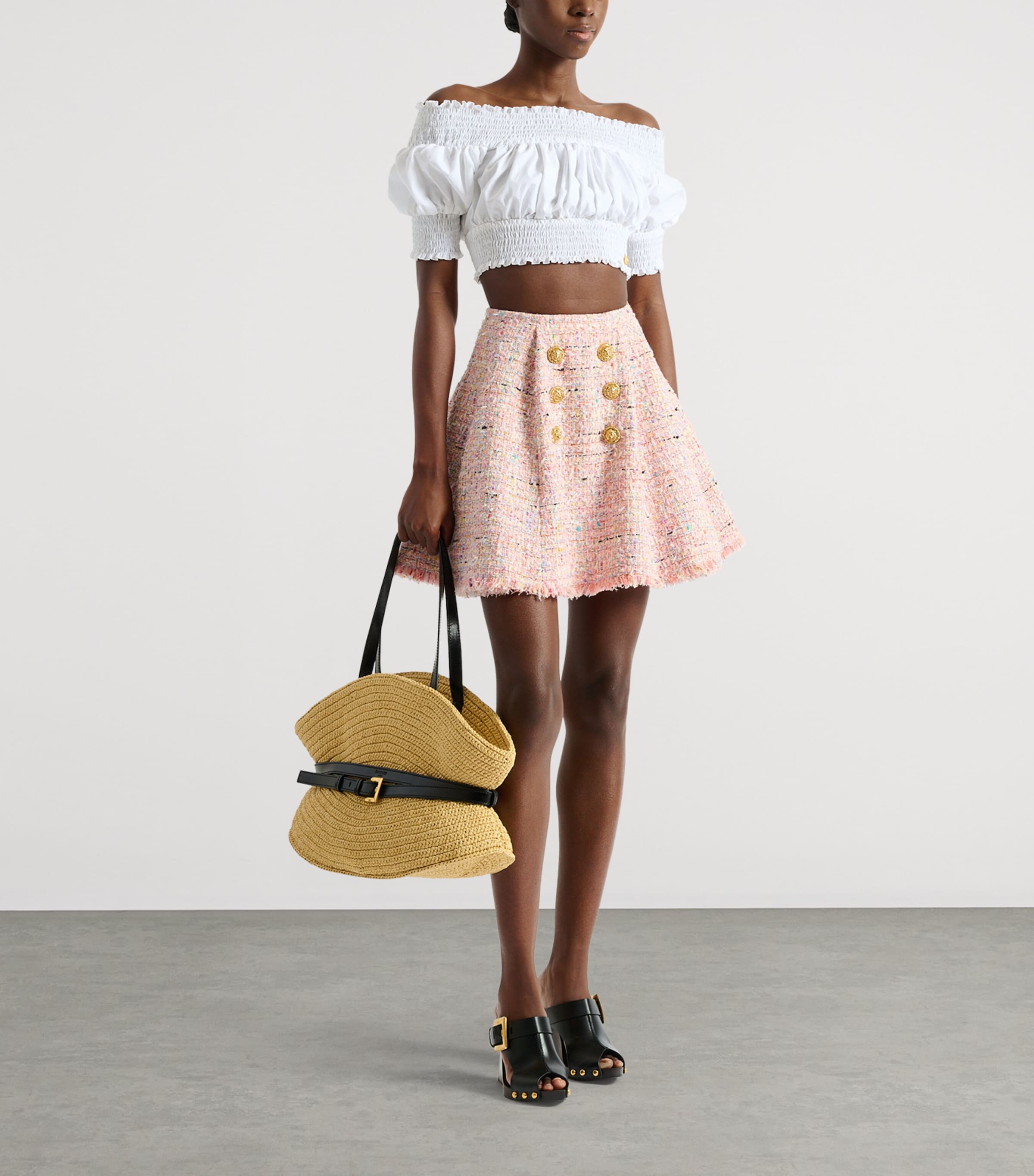 Balmain Pink Tweed Flared Mini Skirt | Harrods CA