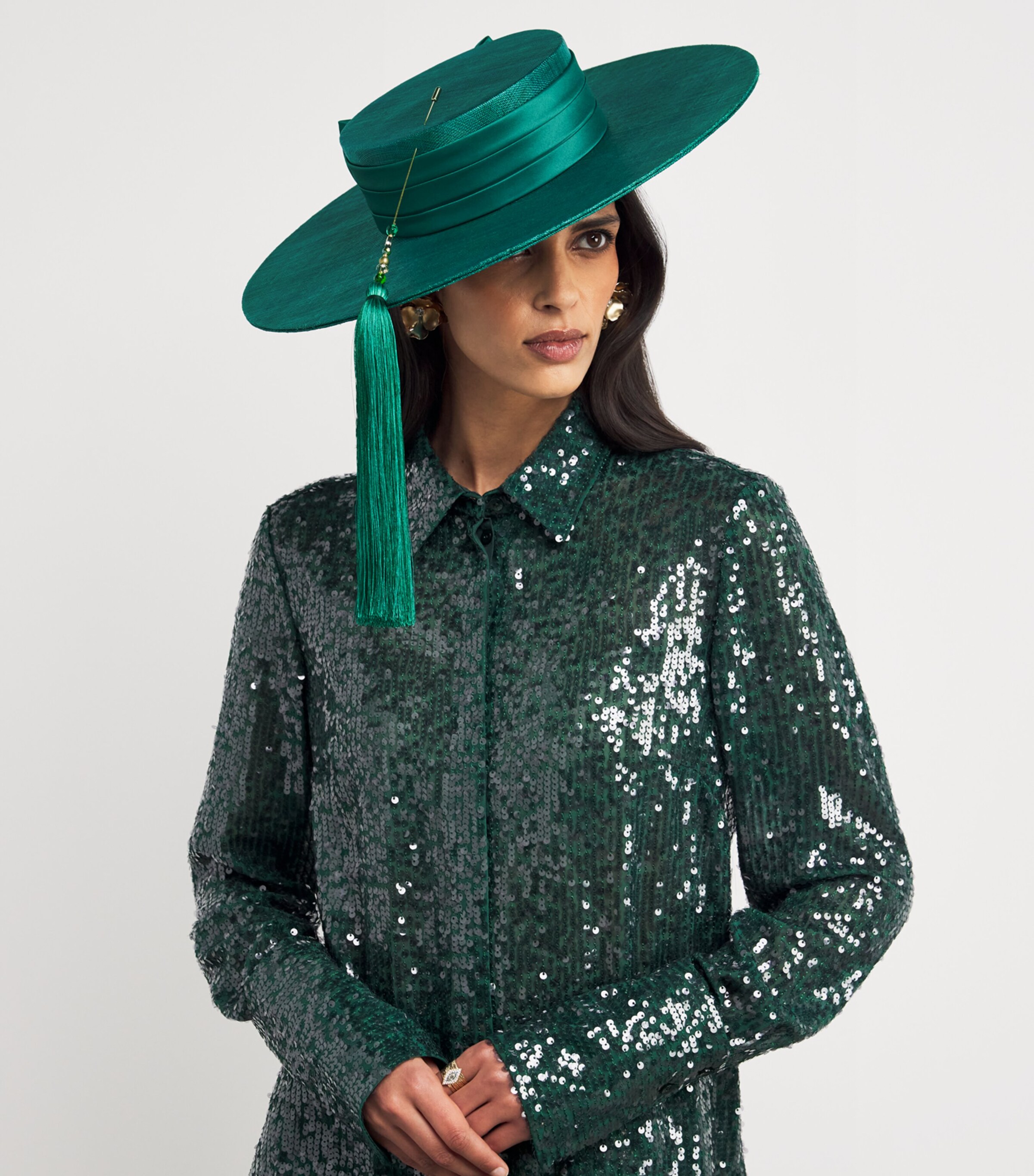 EMILY-LONDON Green Jewelled-Tassel Bow Hat | Harrods UK