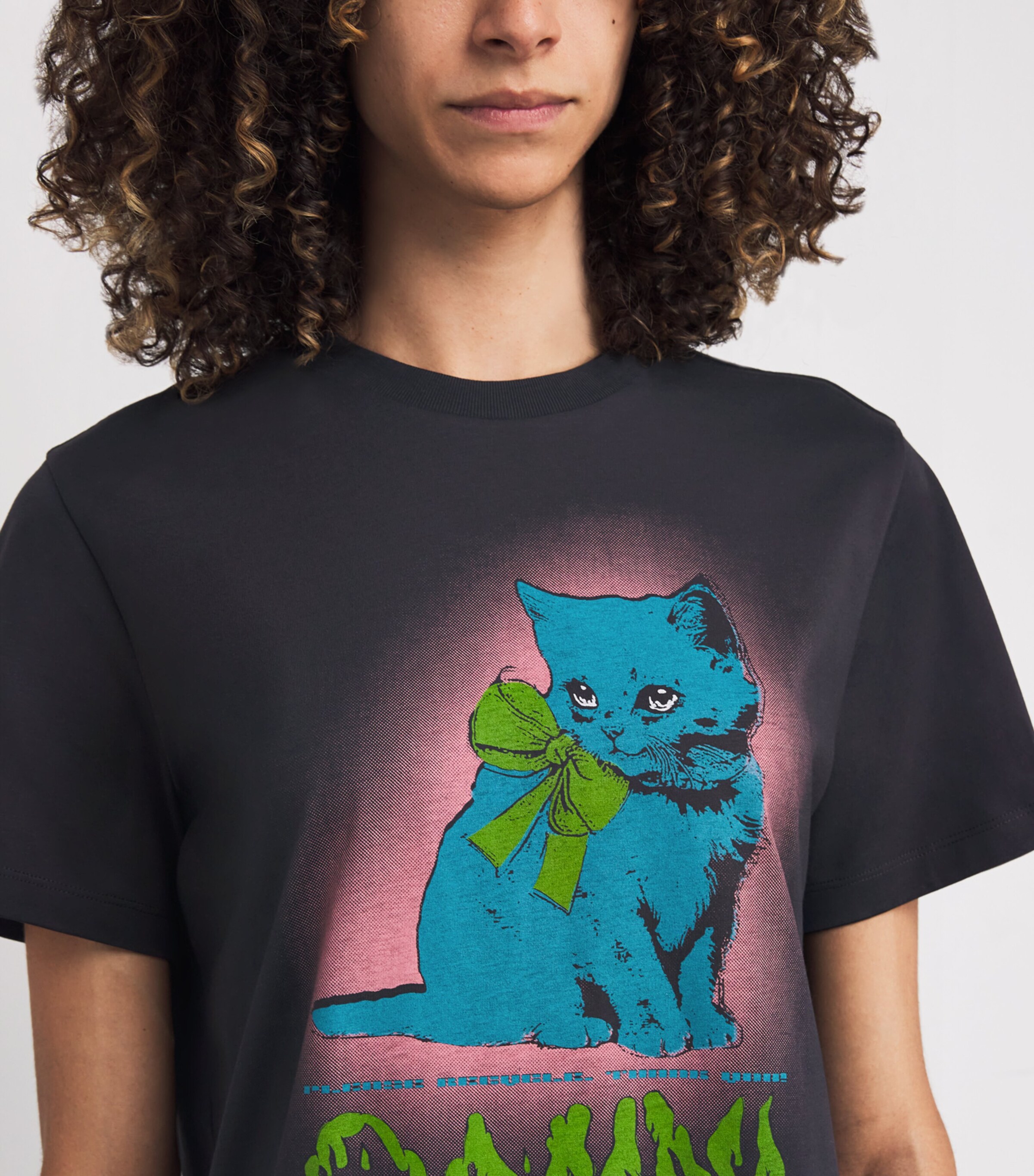 GANNI Black Organic Cotton Neon Kitty T-Shirt | Harrods US