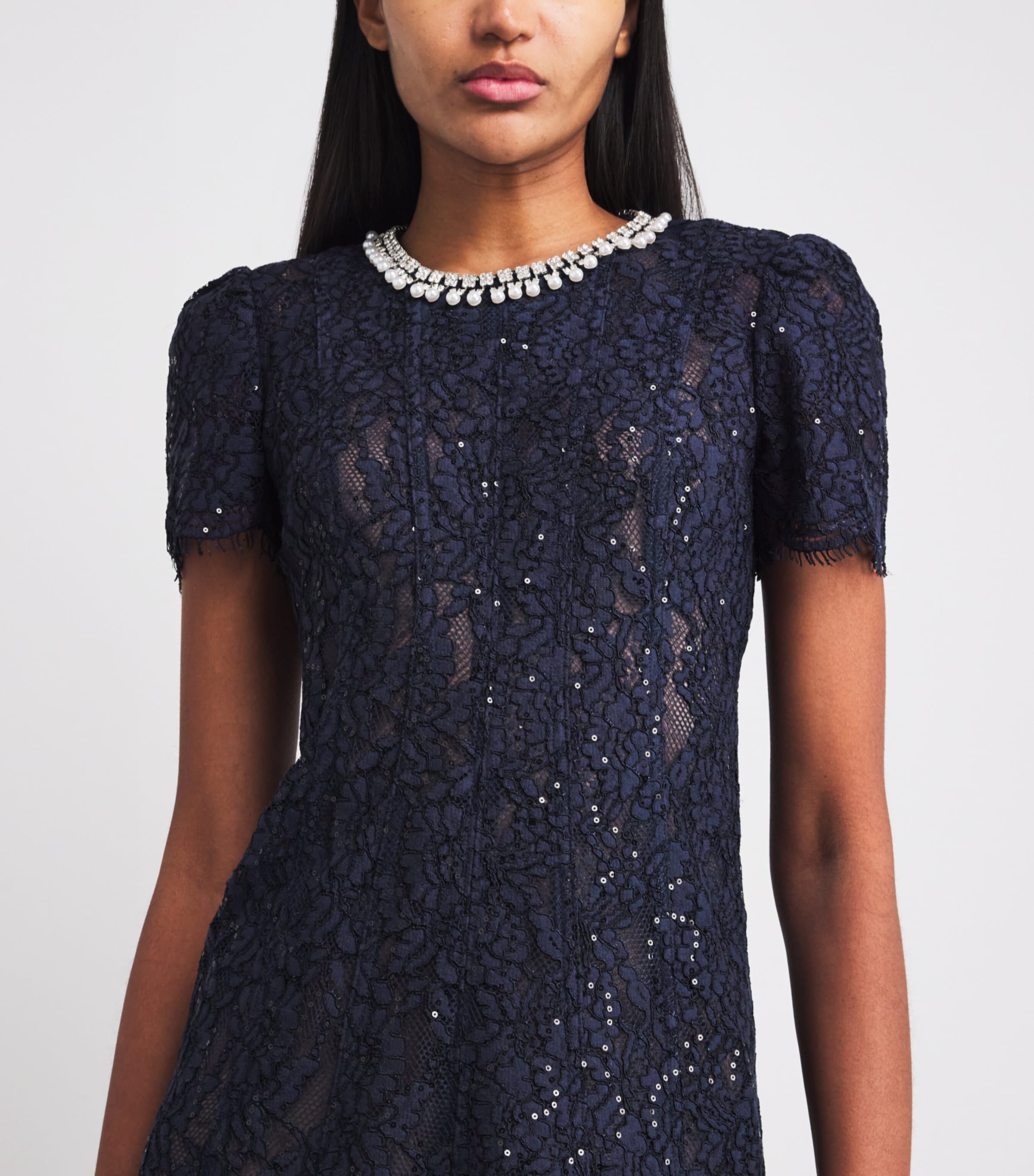 Self-Portrait Navy Sequin-Lace Embellished-Neck Midi Dress | Harrods CA