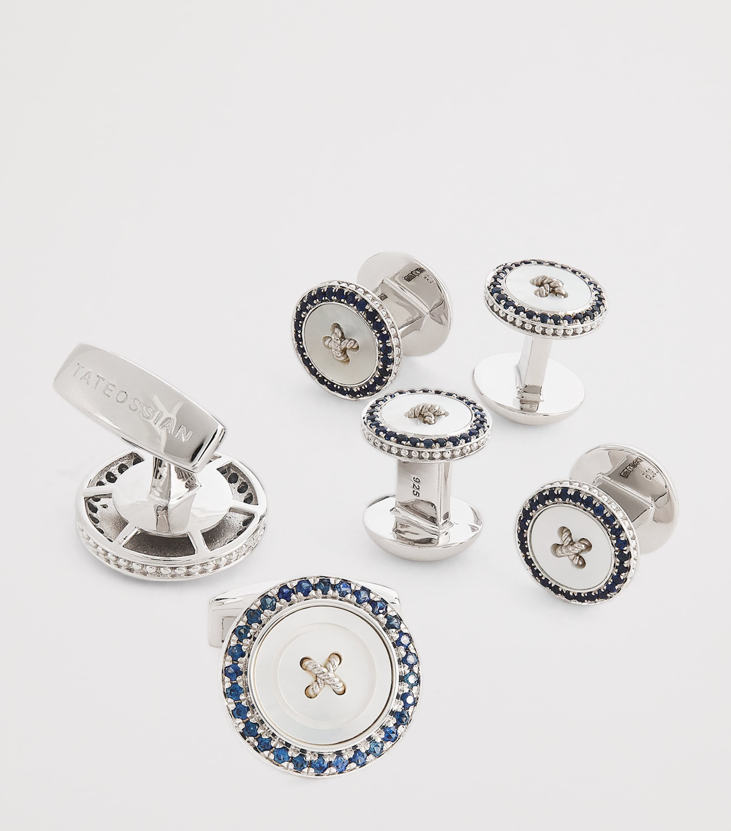 Tateossian Set of 4 Rhodium-Plated Sapphire Button Cufflinks | Harrods AE