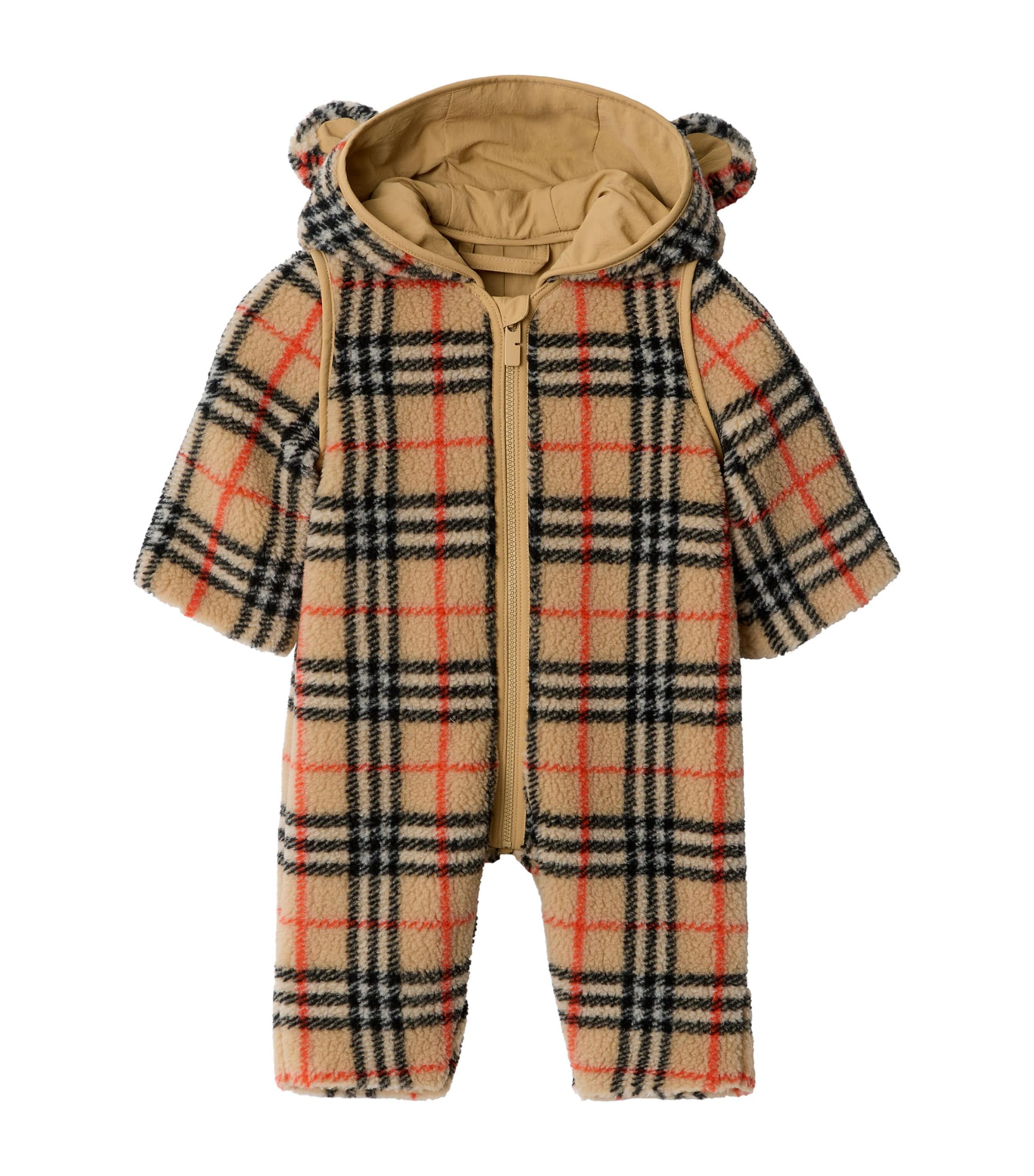 Burberry Kids Beige Fleece Check Hooded Snowsuit (1-18 Months) | Harrods US