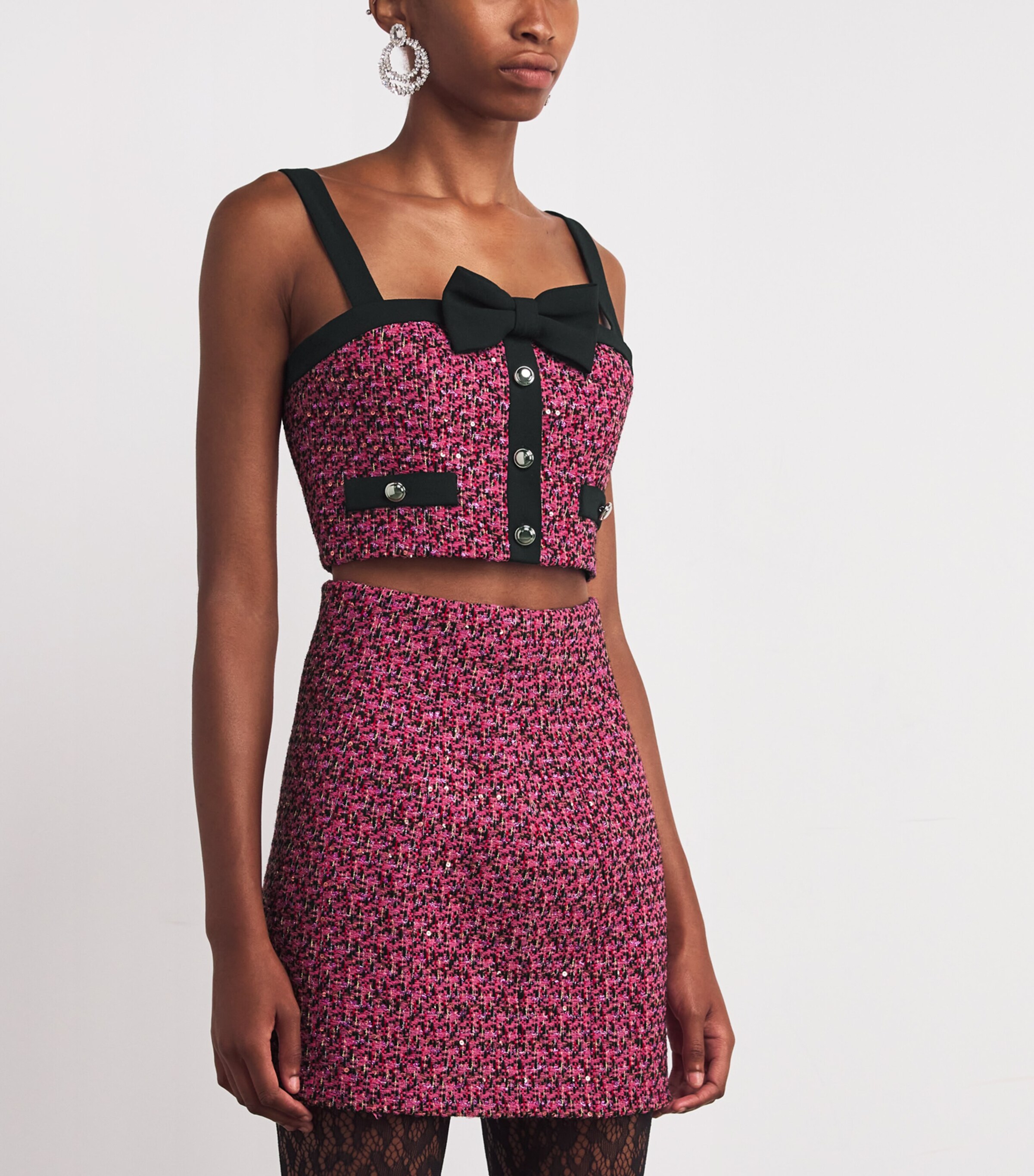 Alessandra Rich Pink Tweed Embellished Crop Top | Harrods US