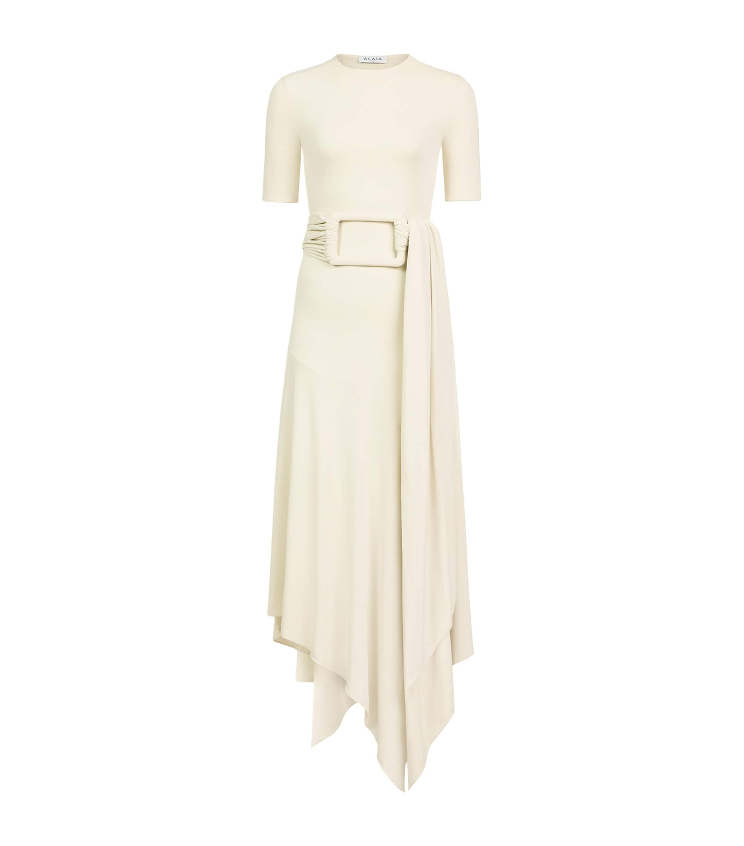 Alaïa White Satin Belted Midi Dress | Harrods US