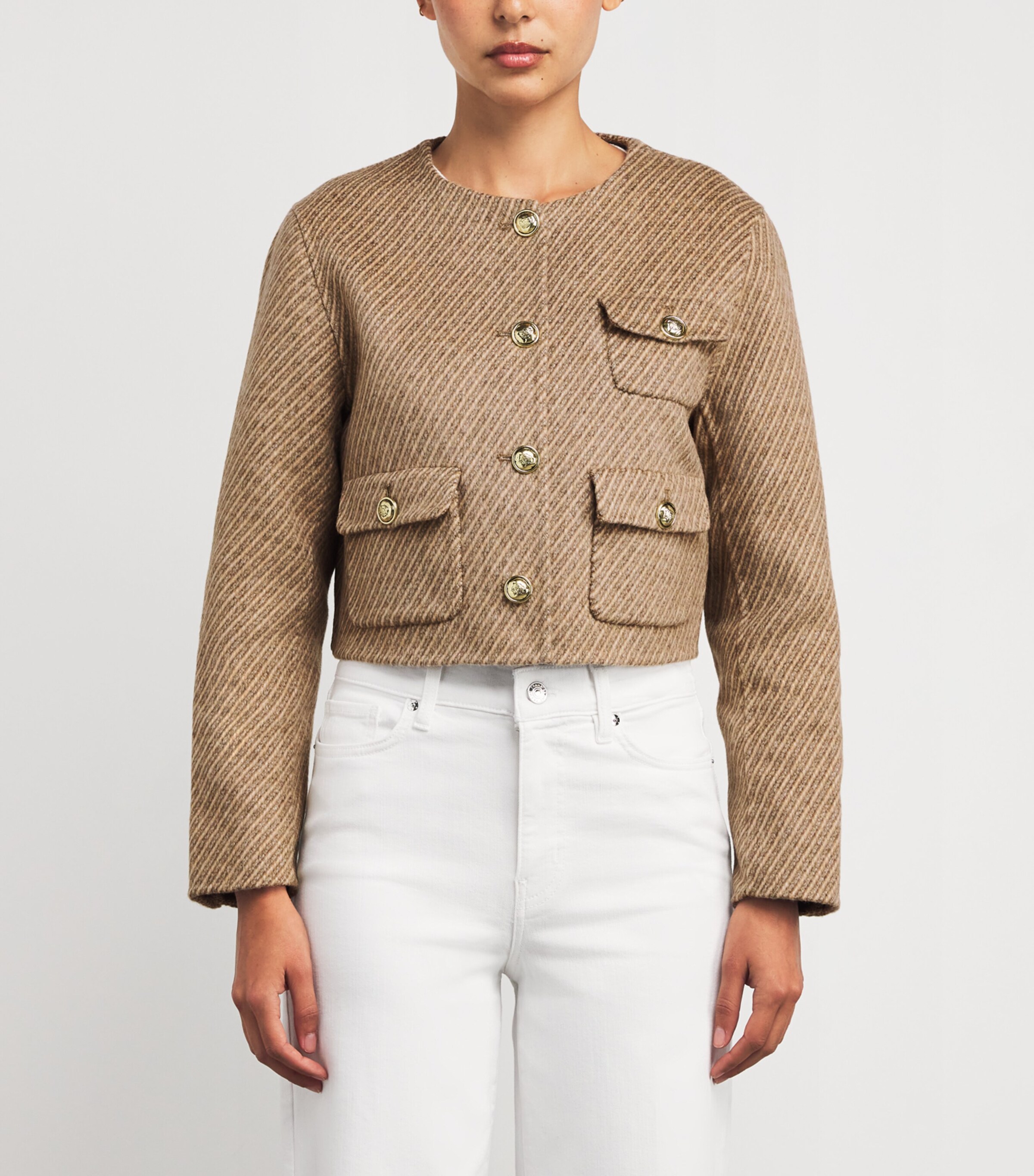Sandro Paris Beige Wool-Blend Stripe Cropped Jacket | Harrods US