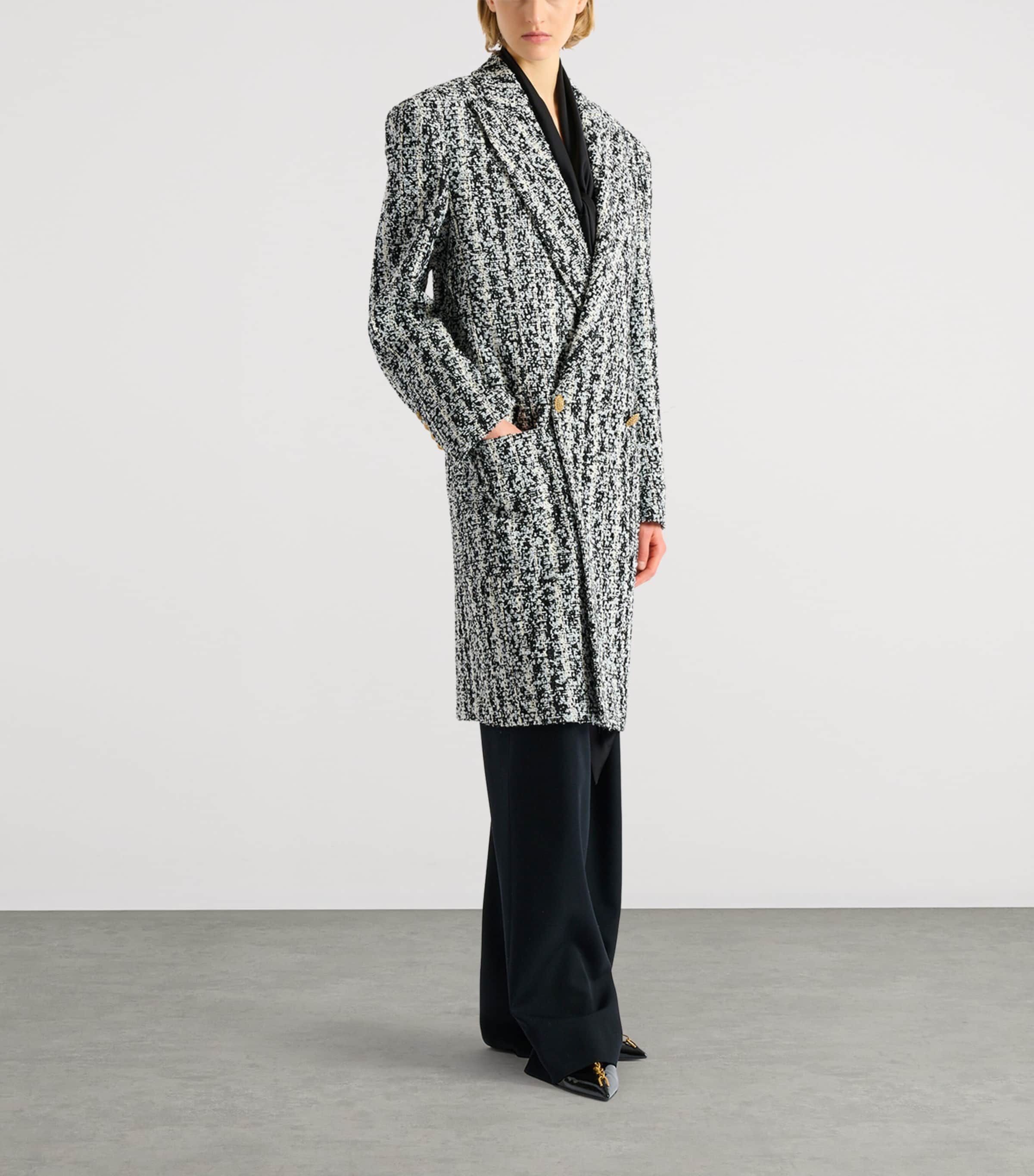 Balmain Black Tweed Overcoat | Harrods UK