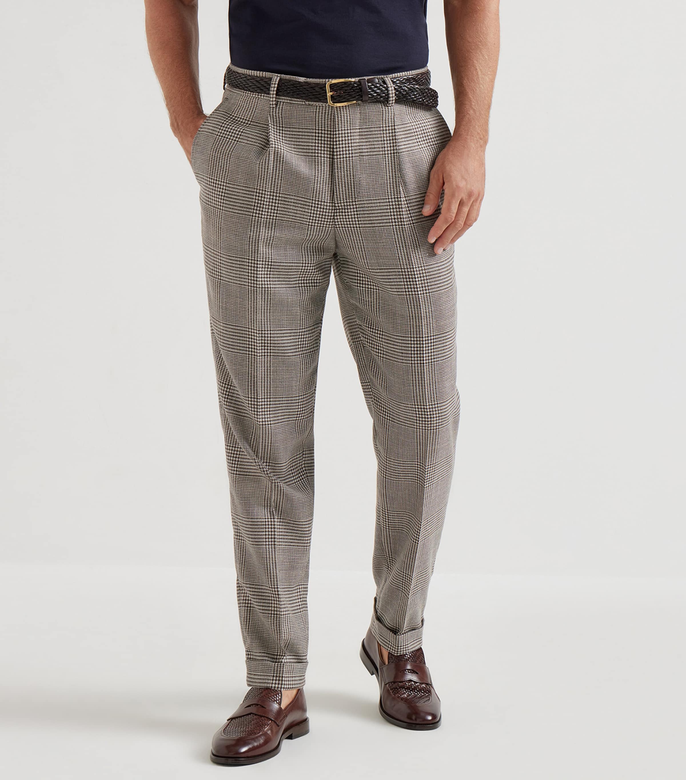 Brunello Cucinelli Brown Prince of Wales Check Tailored Trousers ...
