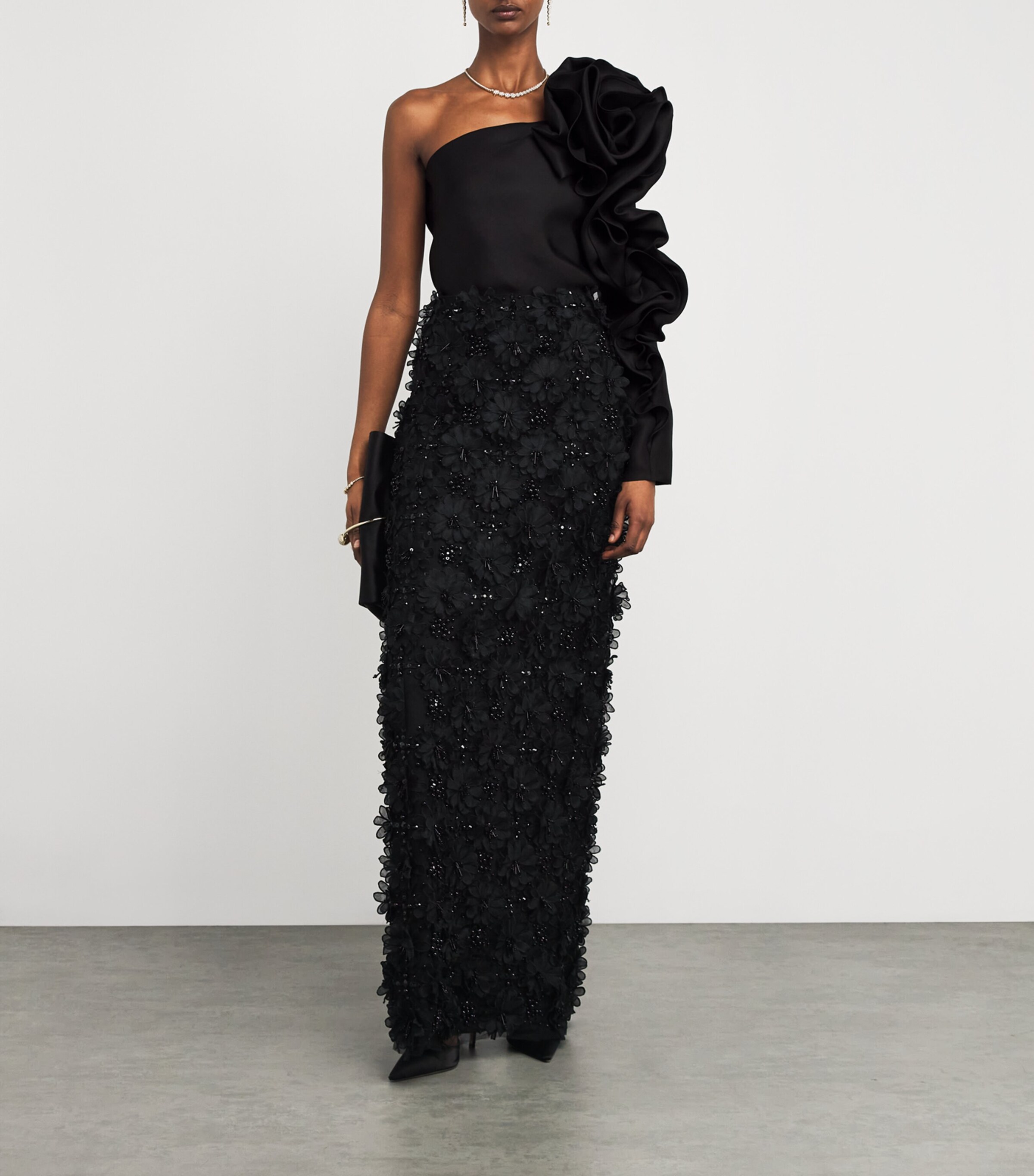 Carolina Herrera Black Silk Asymmetric Rosette Top | Harrods US