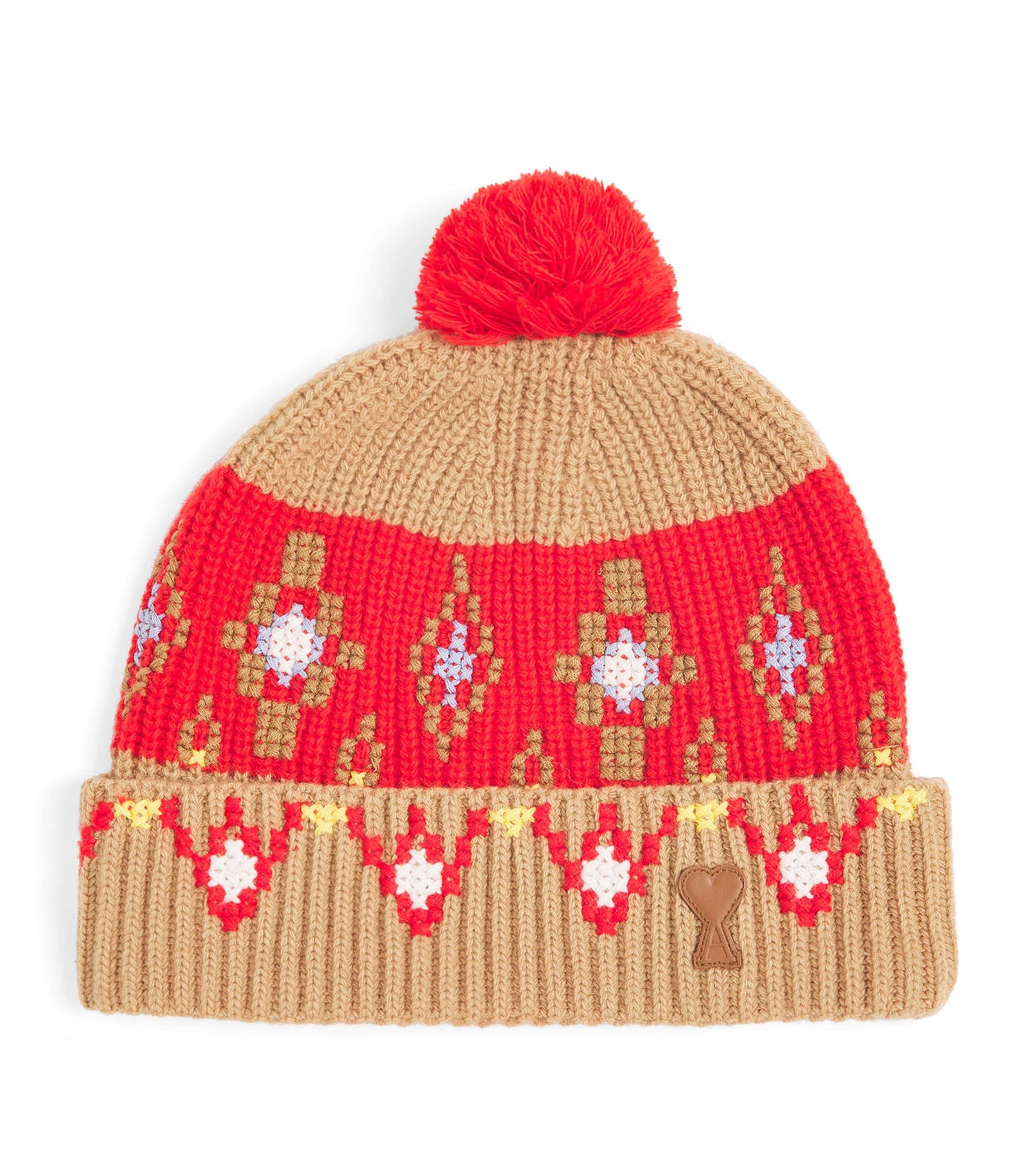 AMI Paris Beige Wool Cross-Stitch Pom-Pom Beanie | Harrods HK