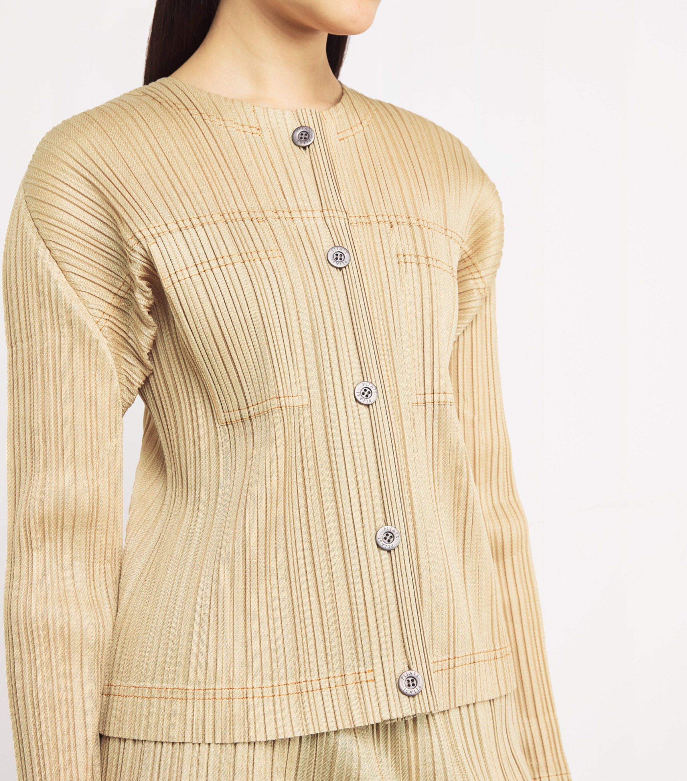 Pleats Please Issey Miyake Beige Pleated Cotton Denim Jacket | Harrods HK