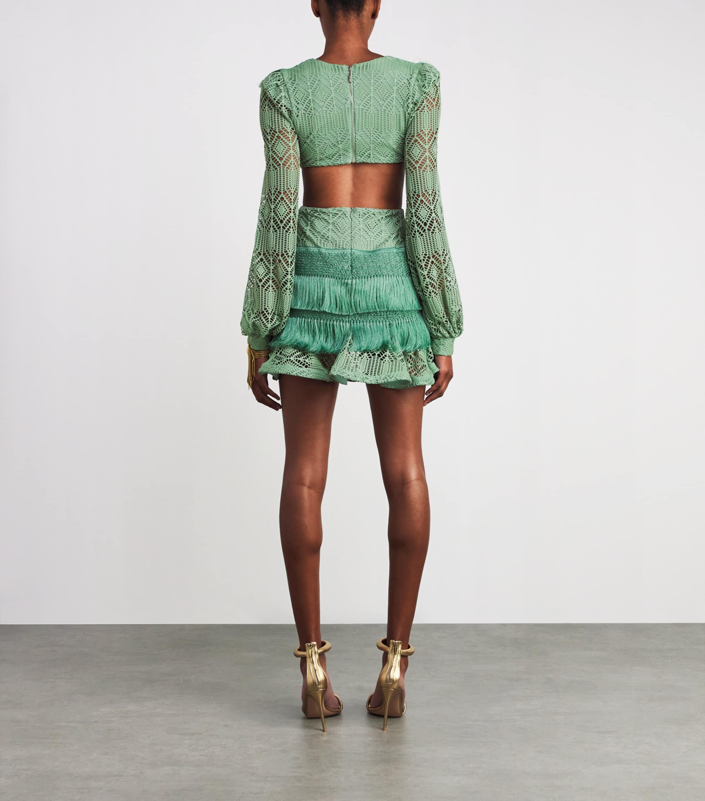 PatBO Green Crochet Fringe-Trim Samba Mini Dress | Harrods SG